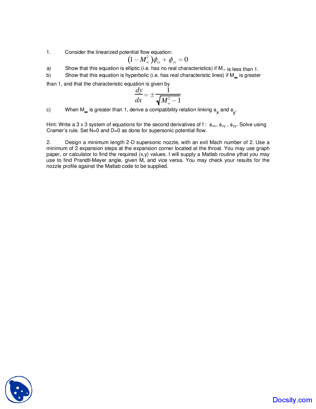 Linearized Potential Flow - High Speed Aerodynamics - Home Work - Docsity