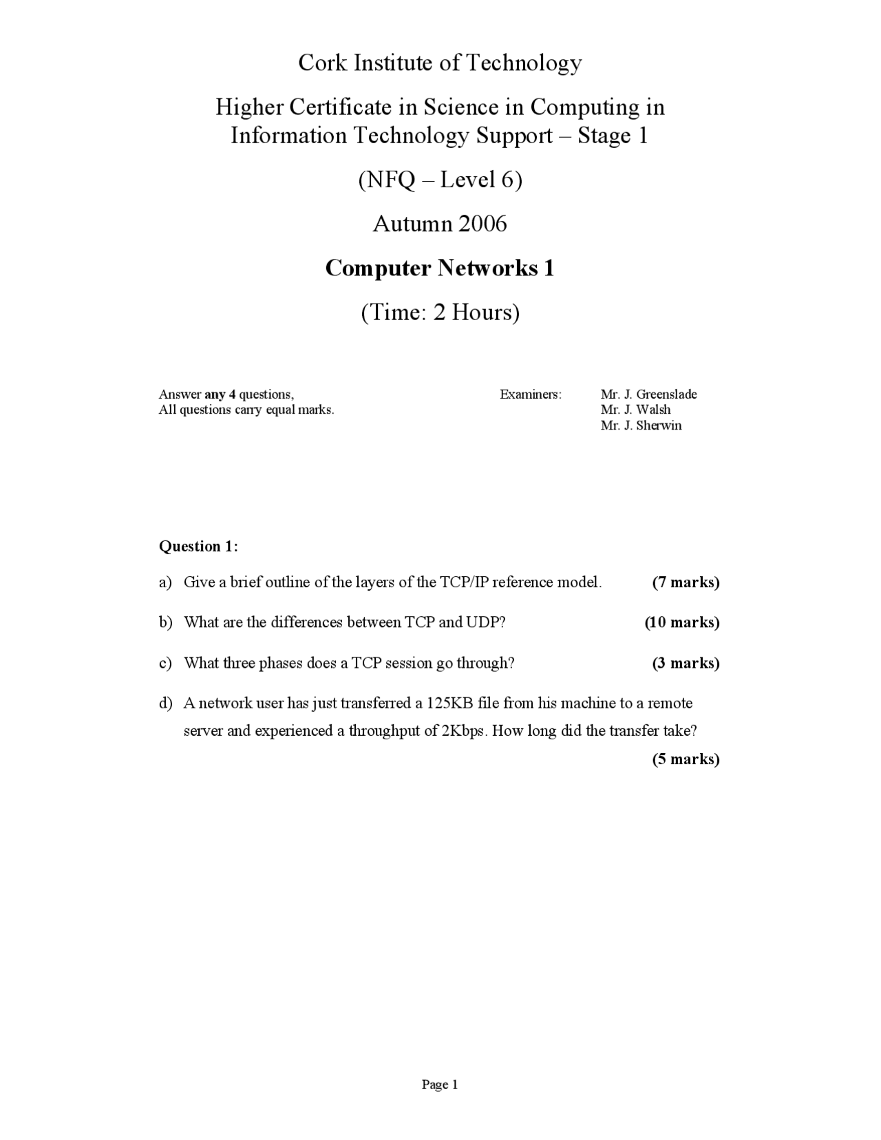 Standard Ethernet Network Computer Networks Old Exam Paper Docsity
