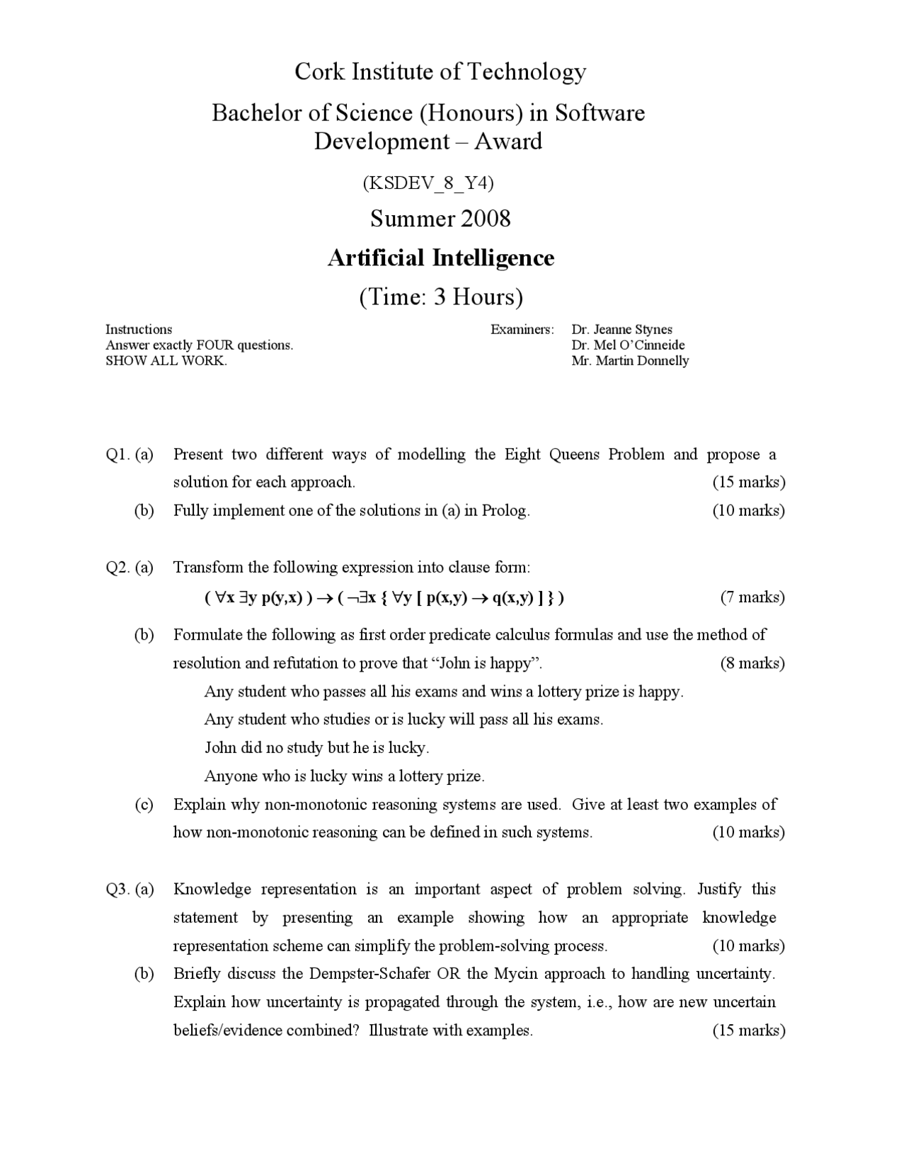 Eight Queens Problem - Artificial Intelligence - Past Exam - Docsity