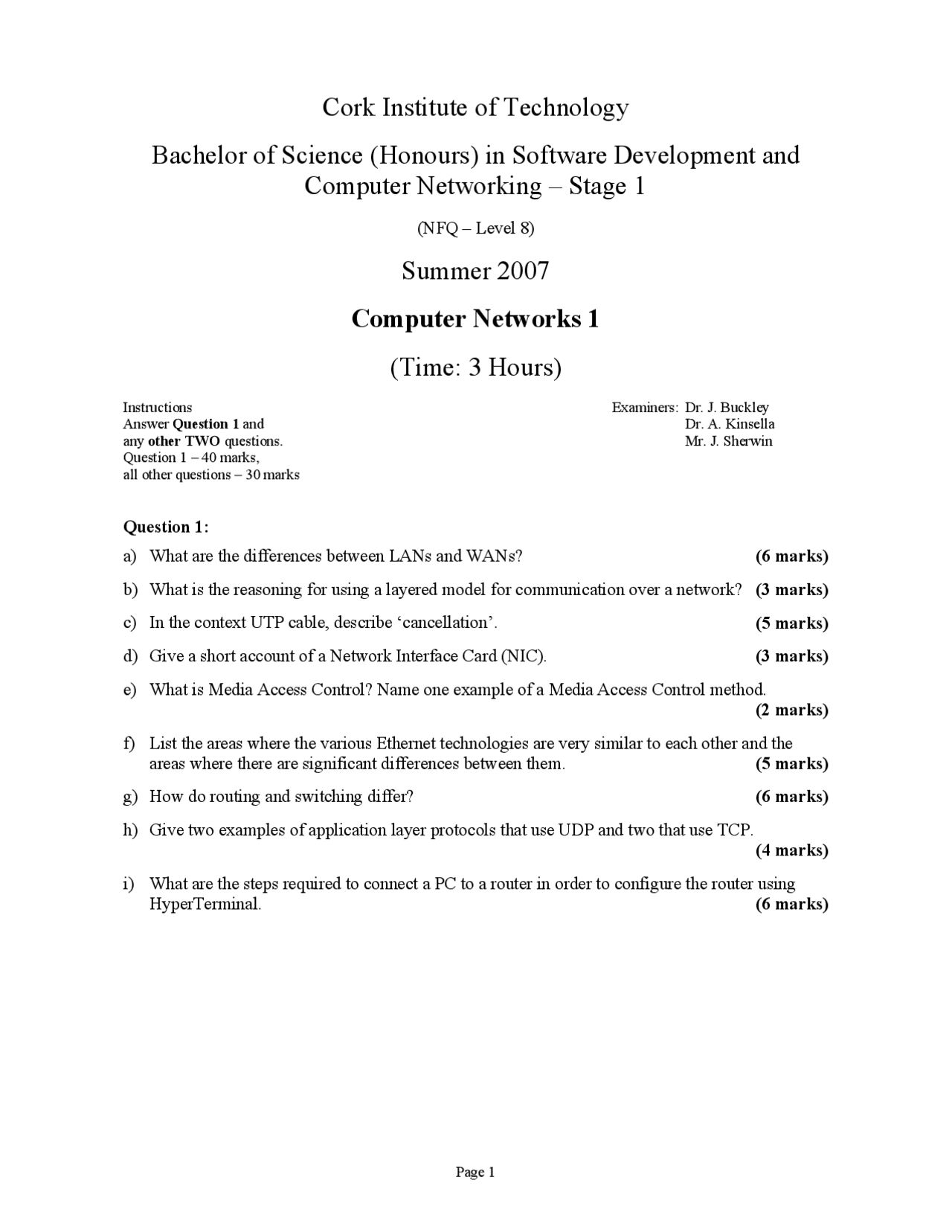 Wans Computer Networks Old Exam Paper Docsity
