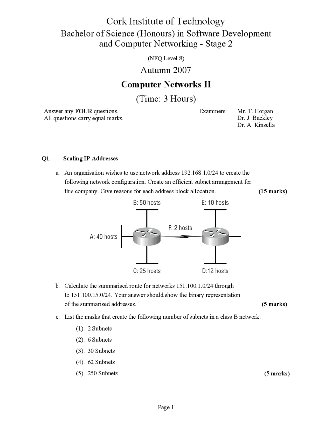 Tcpip Protocols Computer Networks Old Exam Paper Docsity