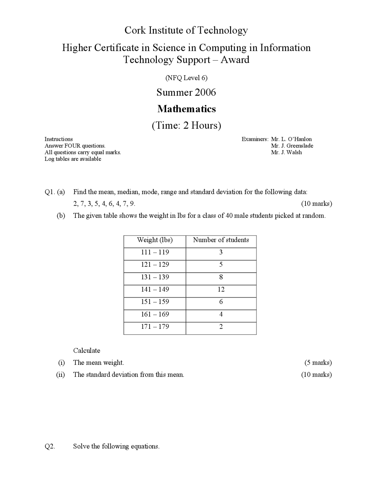 Standard Deviation Mathematics Past Exam Docsity