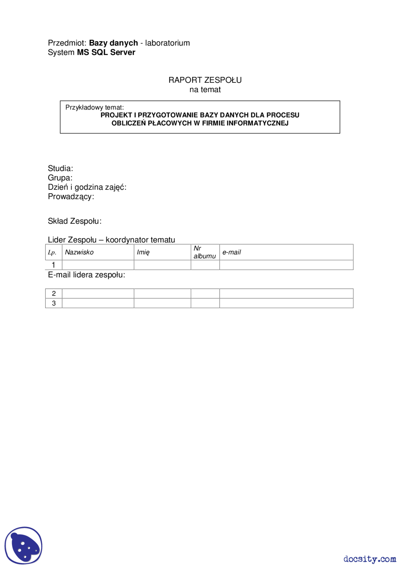 Formularz Raportu Z Zadania Notatki Bazy Danych Docsity