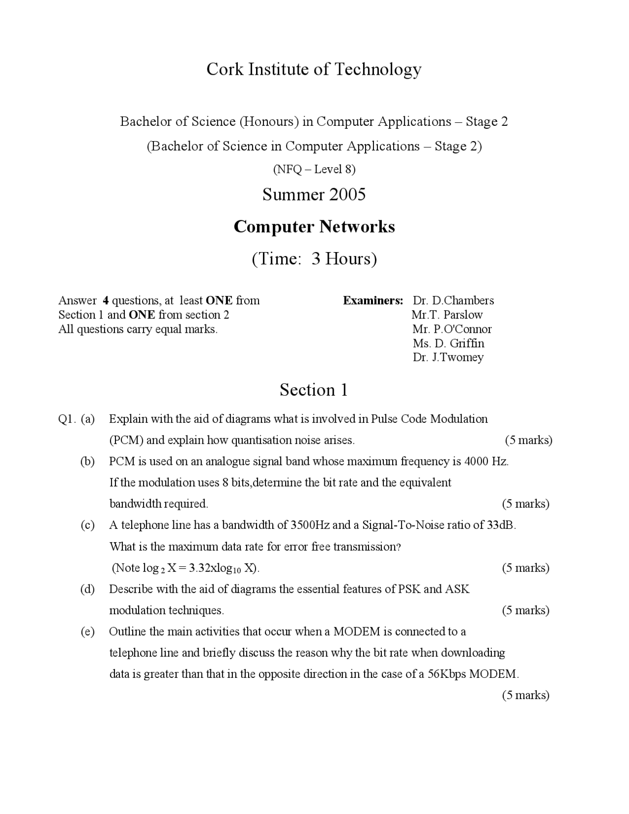 Asynchronous Communications Computer Networks Old Exam Paper Docsity