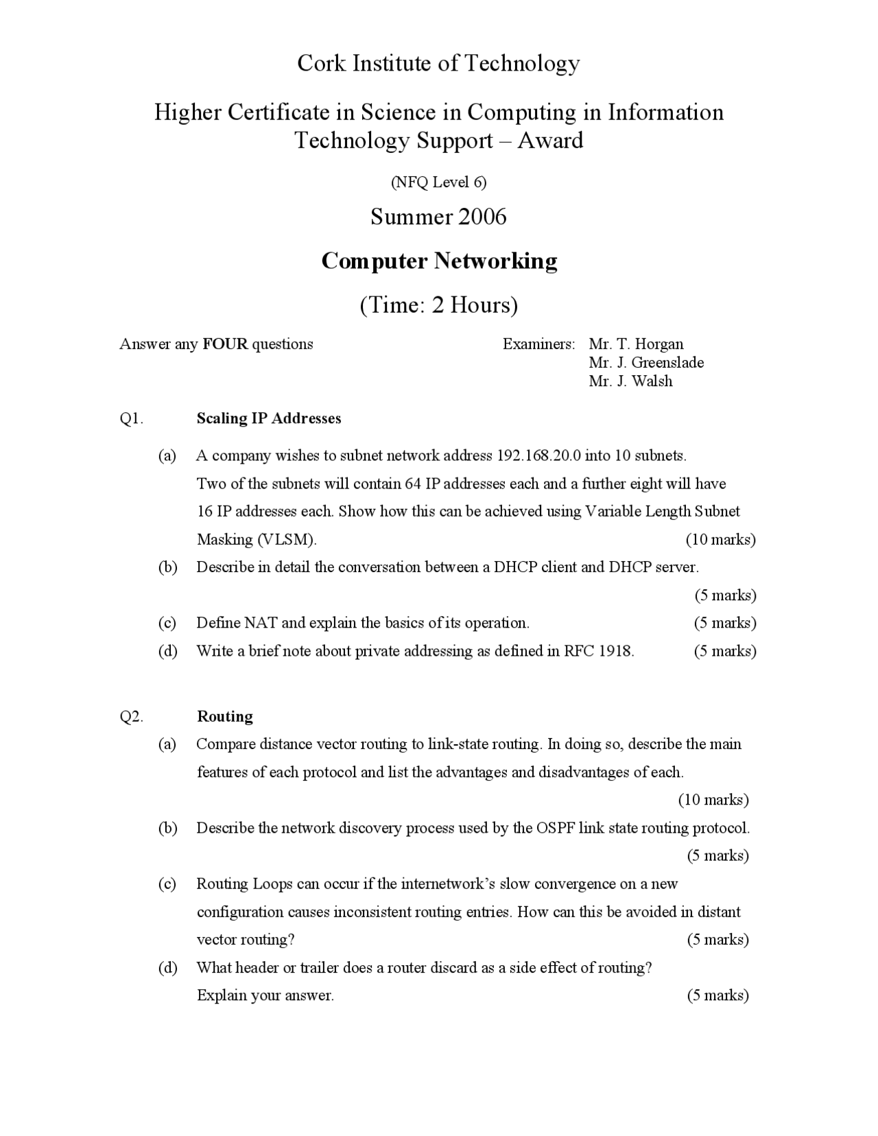 Vlsm Computer Networking Old Exam Paper Docsity