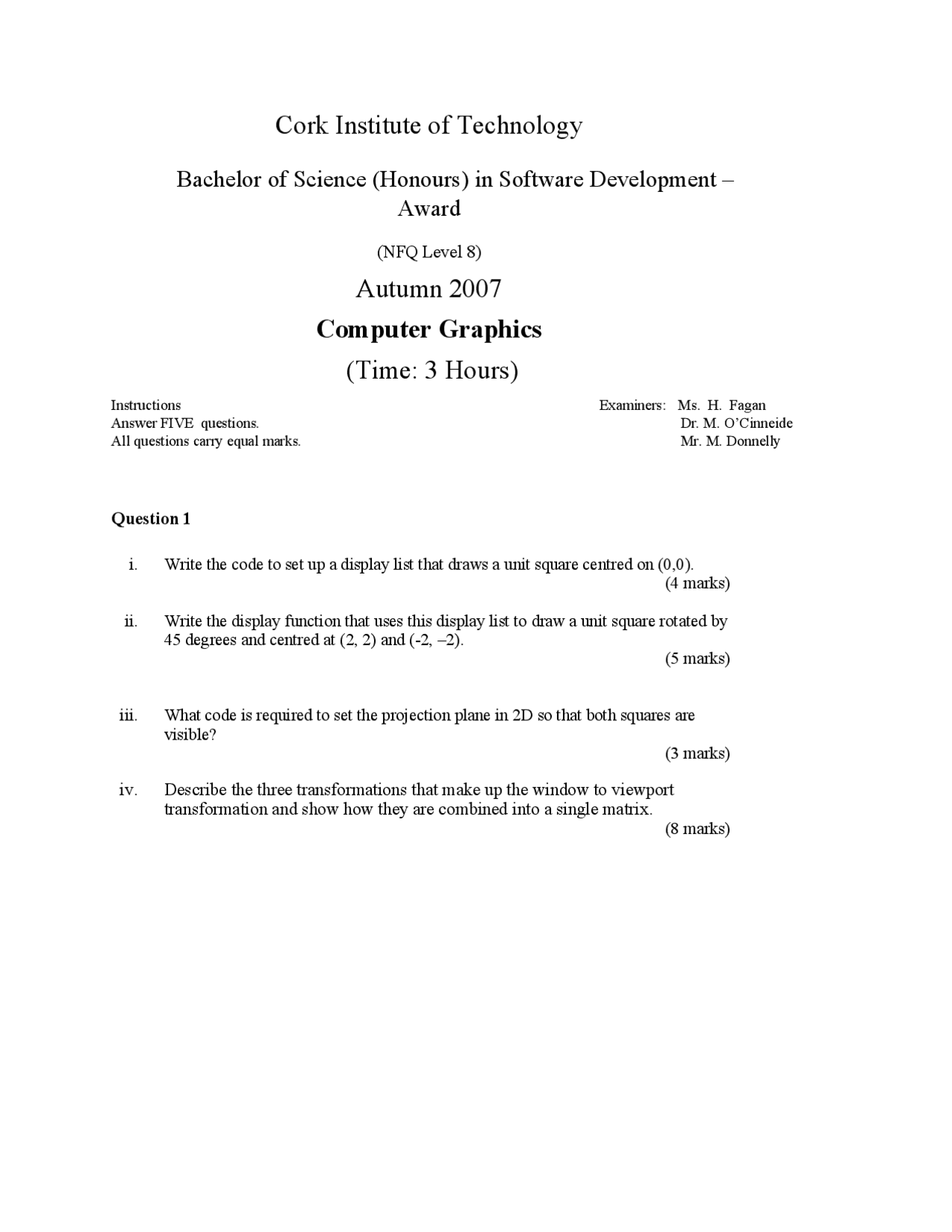 Projection Plane Computer Graphics Old Exam Paper Docsity