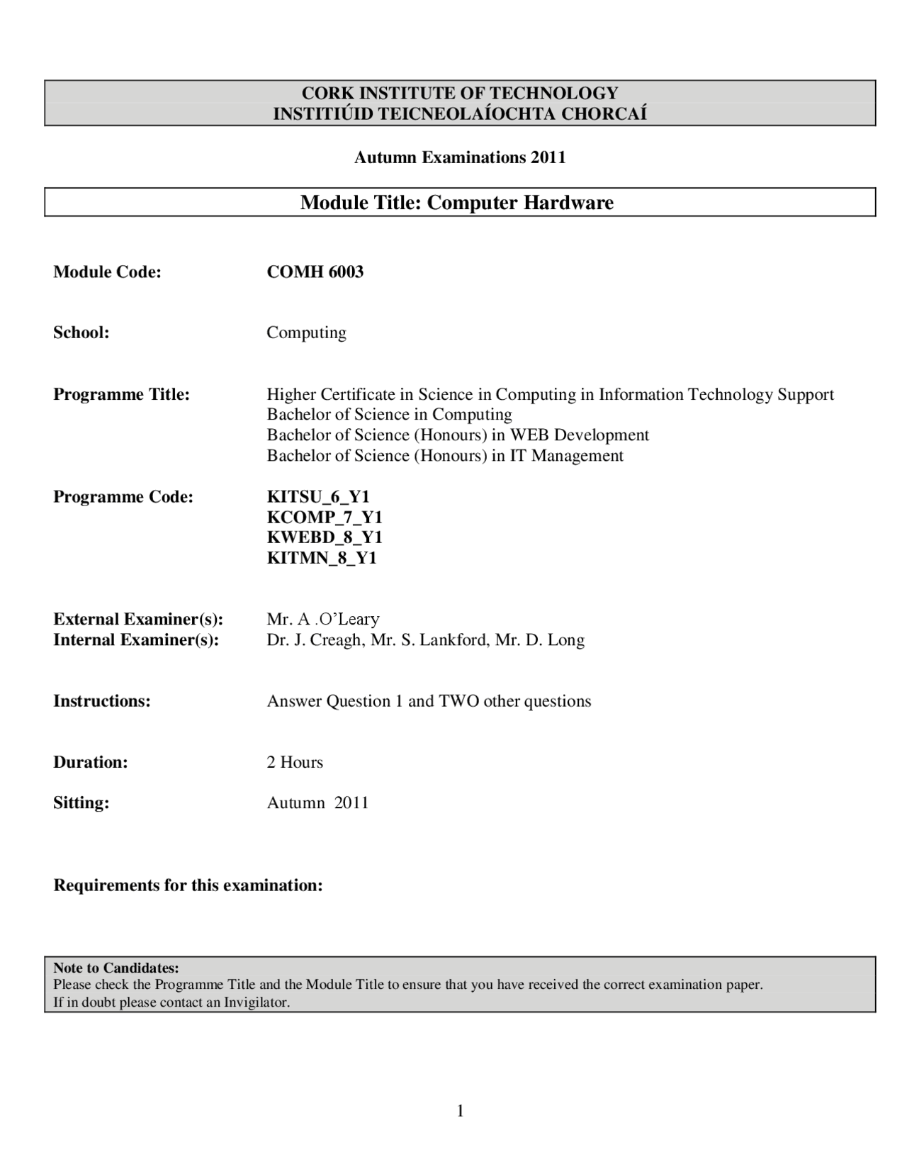 Virtual Memory Computer Hardware Old Exam Paper Docsity