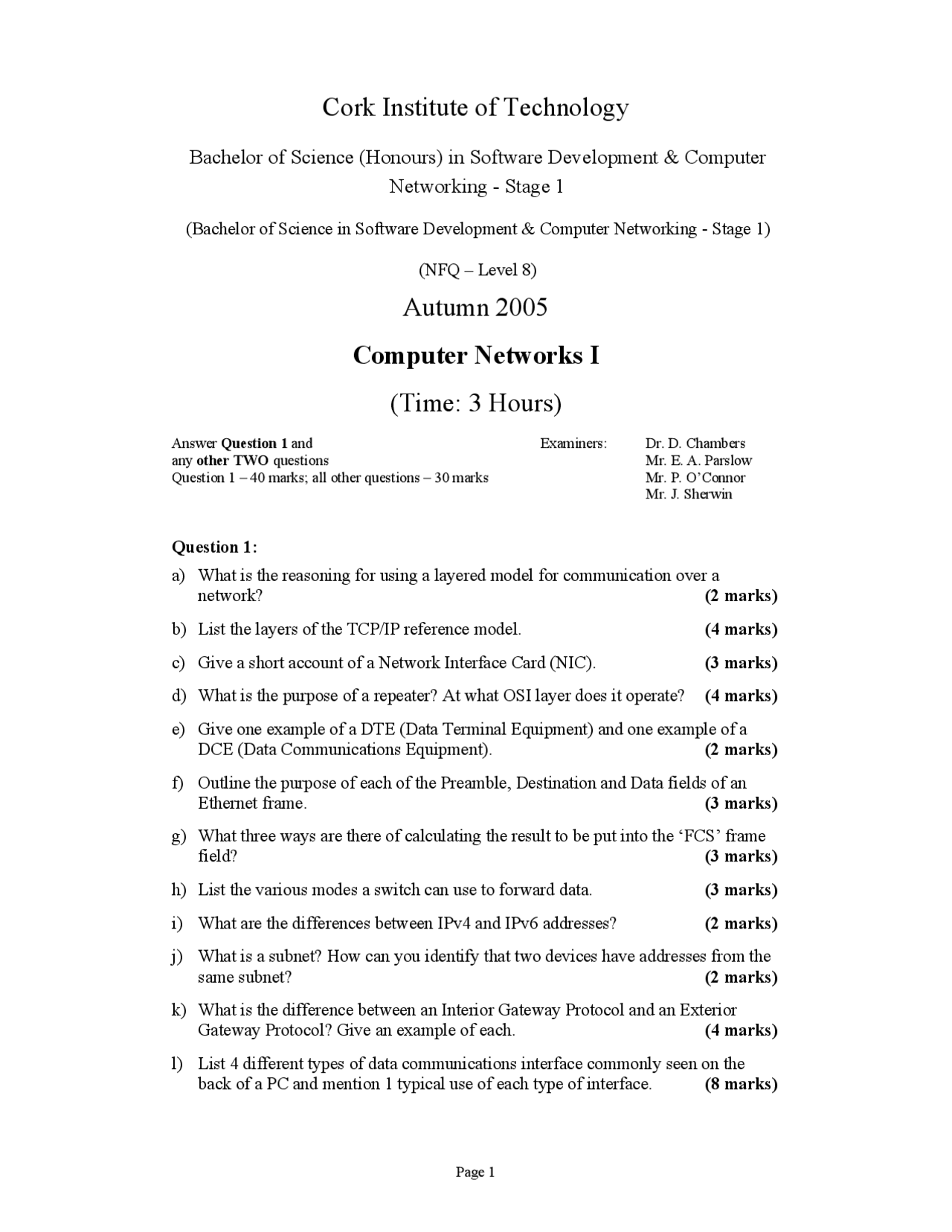 Data Terminal Equipment Computer Networks Old Exam Paper Docsity
