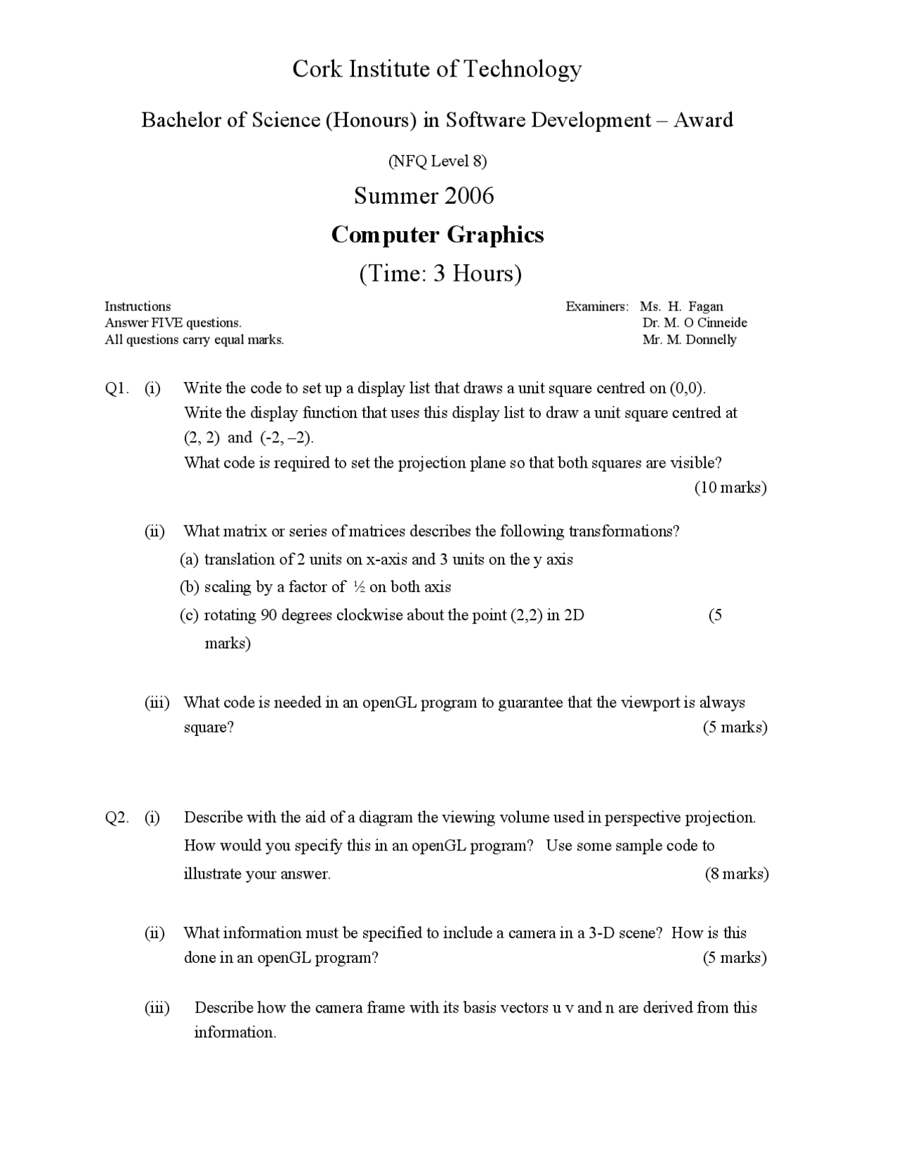 Shading Model - Computer Graphics - Old Exam Paper | Exams Computer Graphics | Docsity