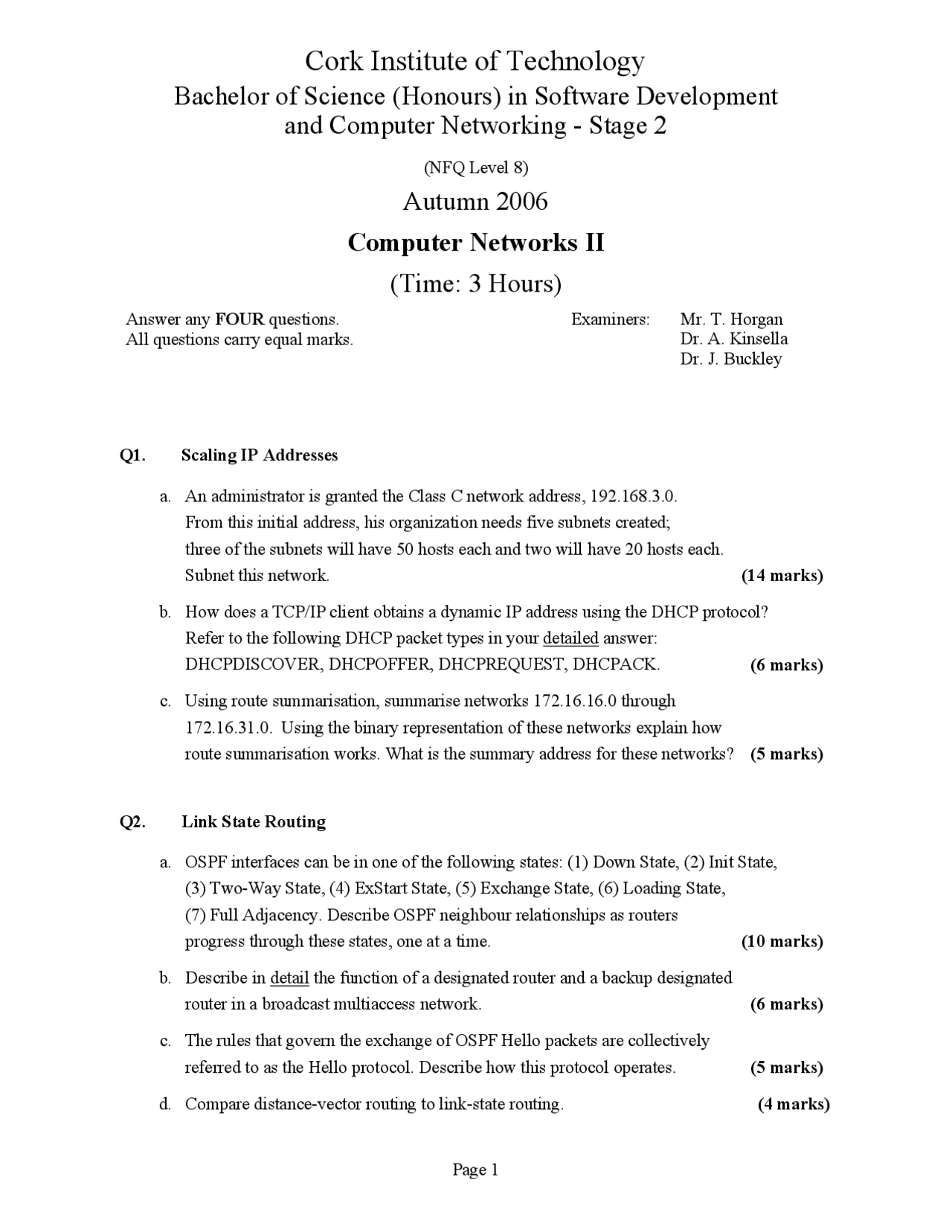 Cname Computer Networks Old Exam Paper Docsity
