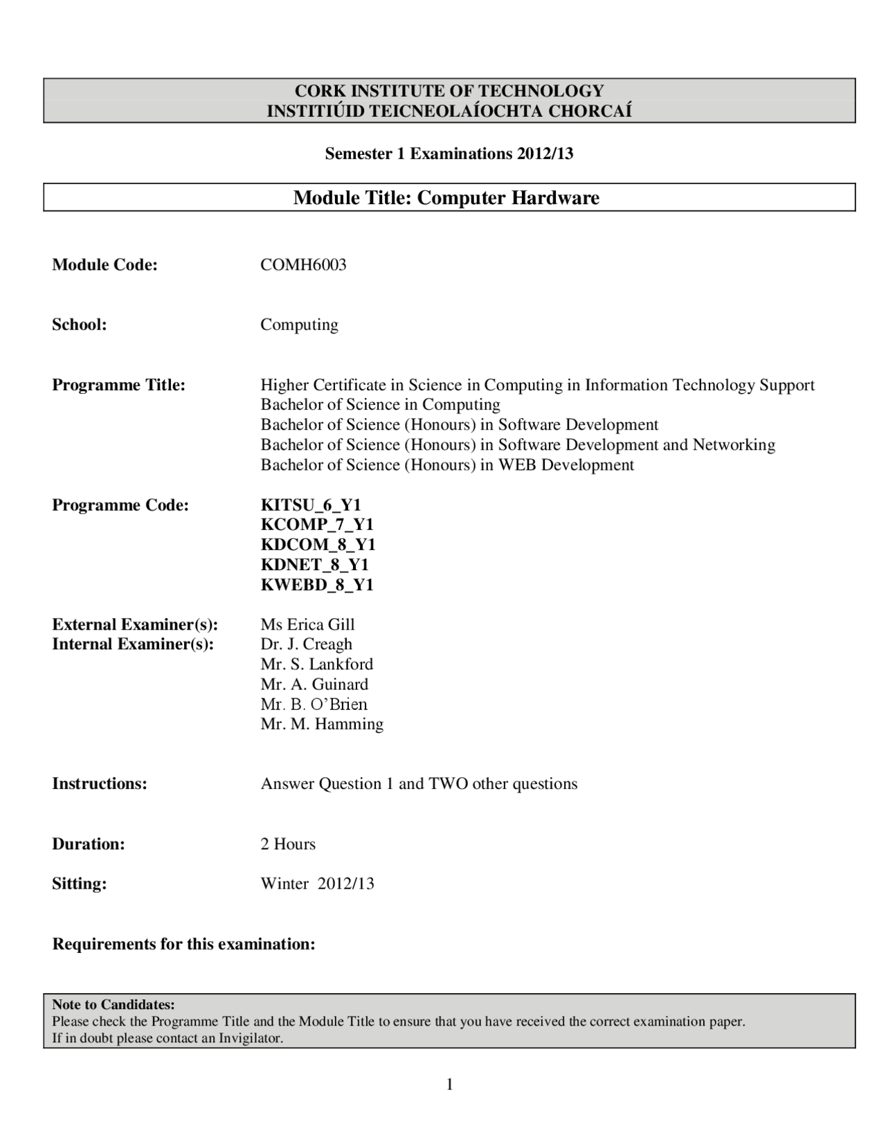 Access Time - Computer Hardware - Old Exam Paper | Exams Computer ...