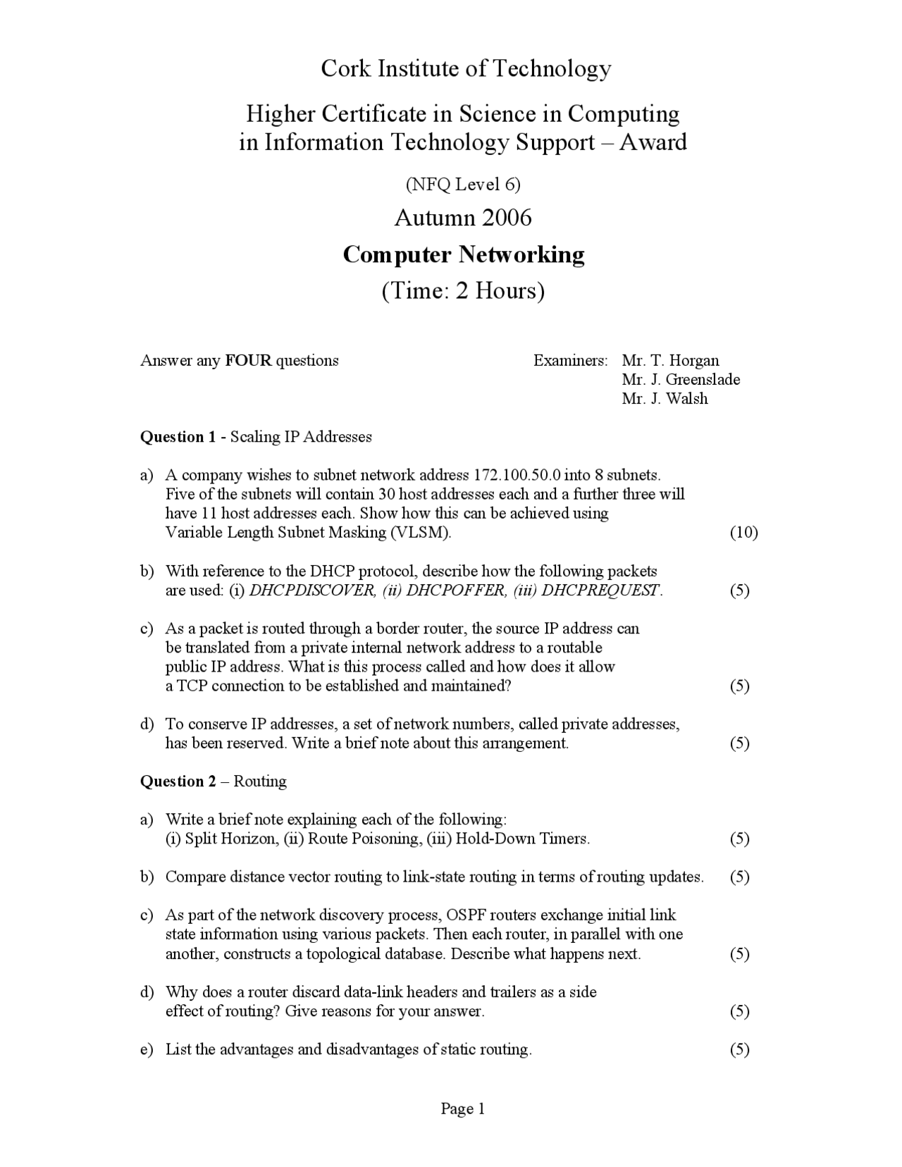LAN Switches - Computer Networking - Old Exam Paper | Exams Computer Networks | Docsity