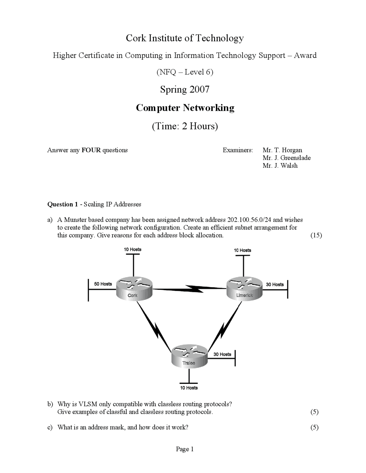 Vector Routing - Computer Networking - Old Exam Paper | Exams Computer Networks | Docsity