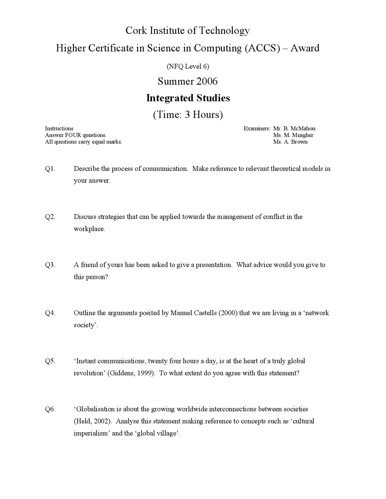 Management of conflict - Integrated Studies - Past Exam - Docsity