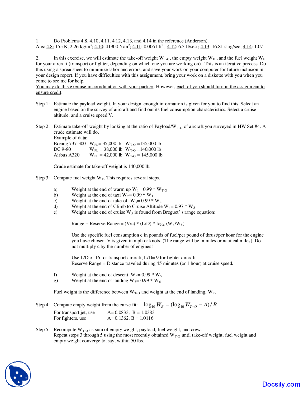 Aircraft Introduction To Aerospace Engineering Home Work Docsity