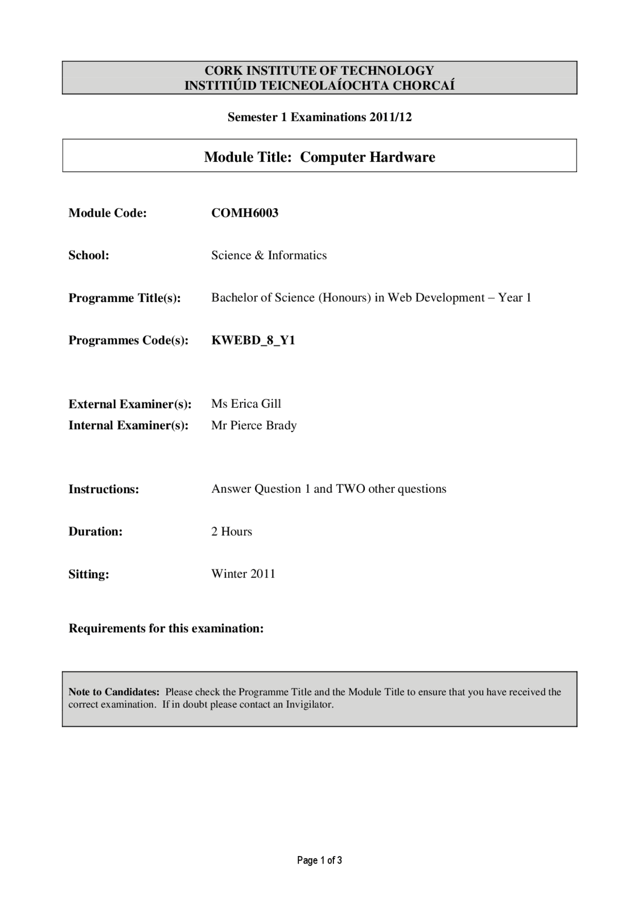 Bios Computer Hardware Old Exam Paper Docsity