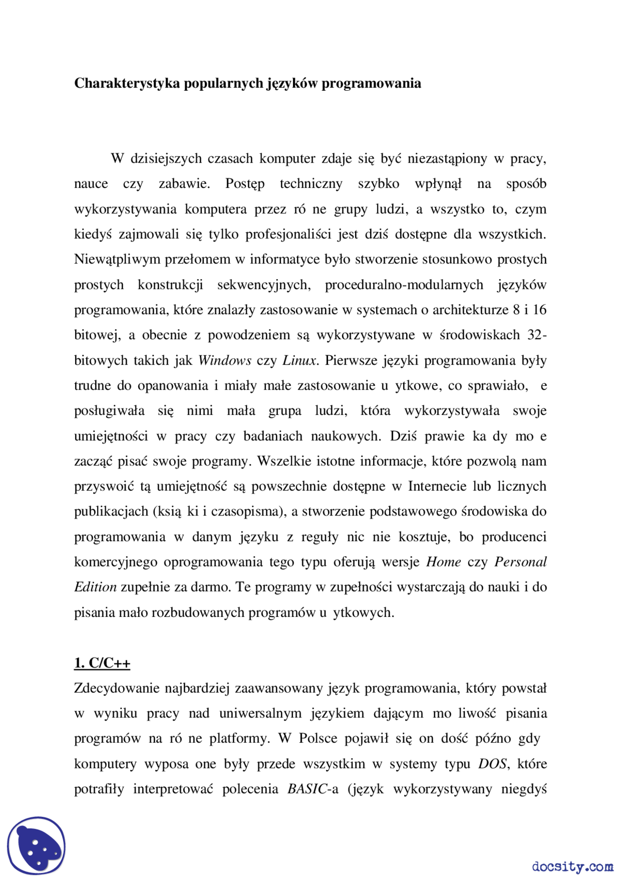 Języki Programowania Notatki Informatyka Docsity