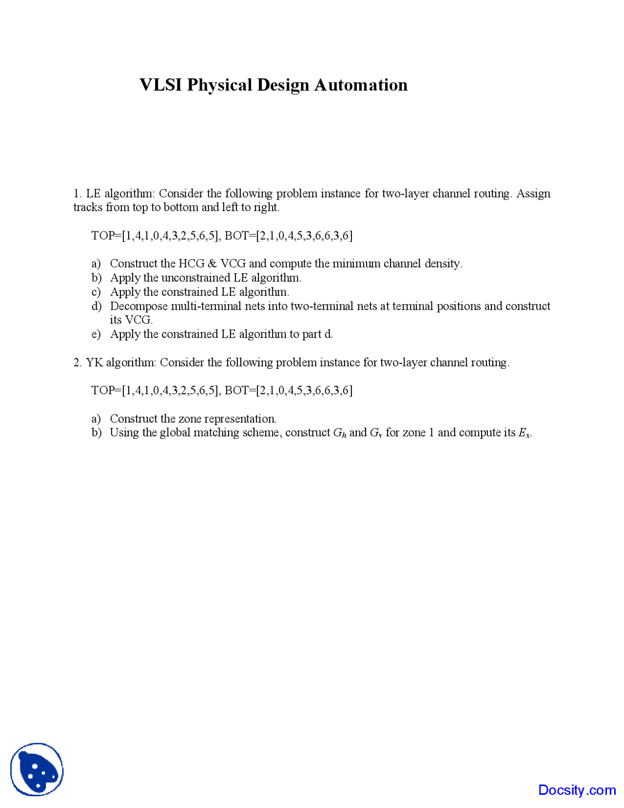 Minimum Channel Density - VLSI Physical Design Automation - Home Work - Docsity