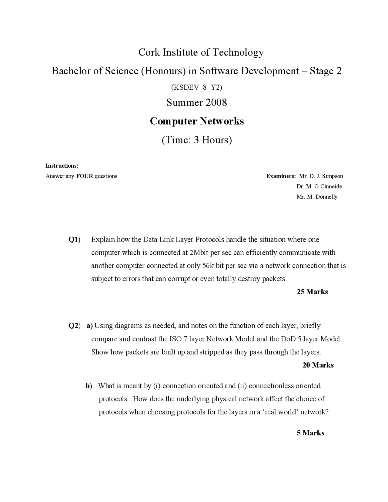 Bus Based Lan Computer Networks Old Exam Paper Docsity