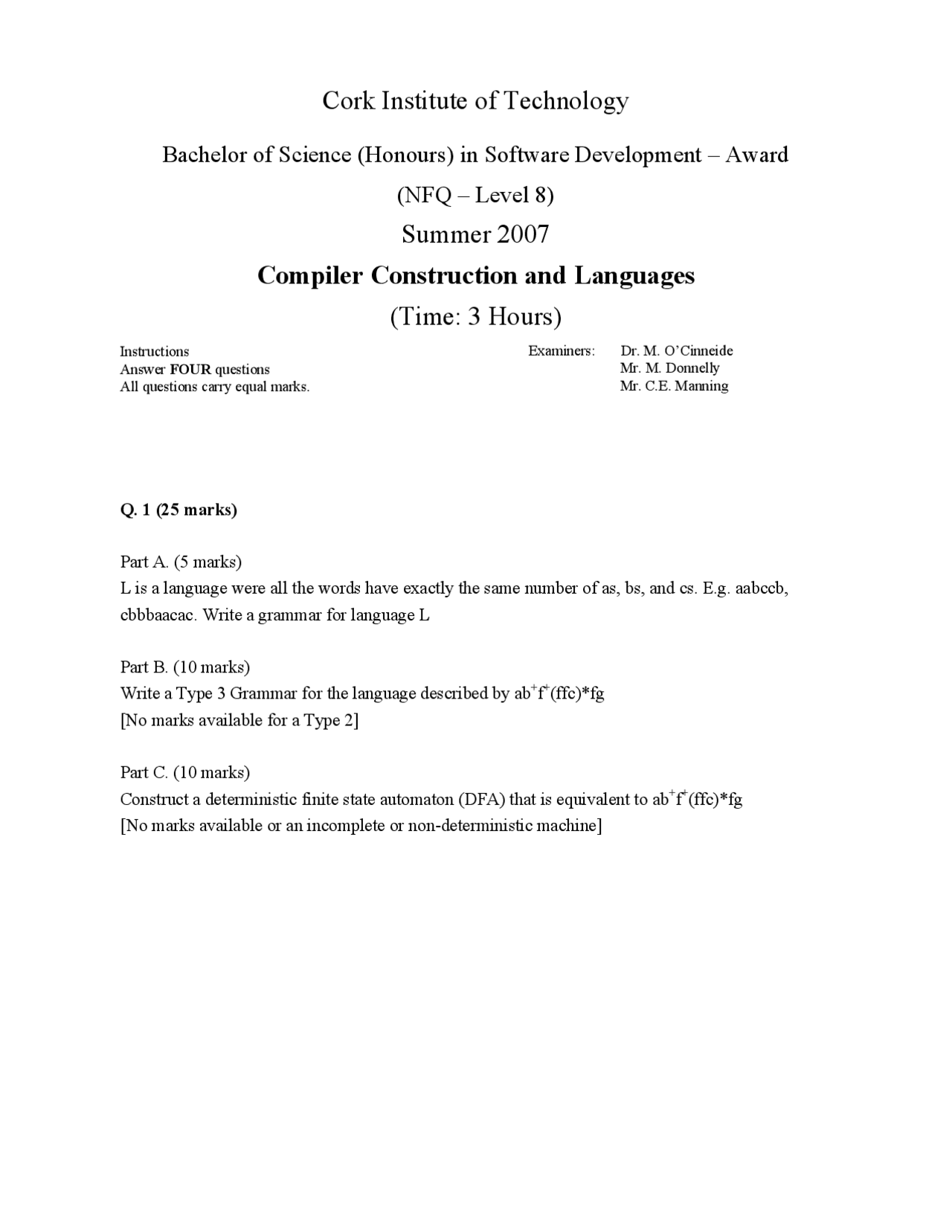 Backtracking - Compiler Construction and Languages - Past Exam - Docsity