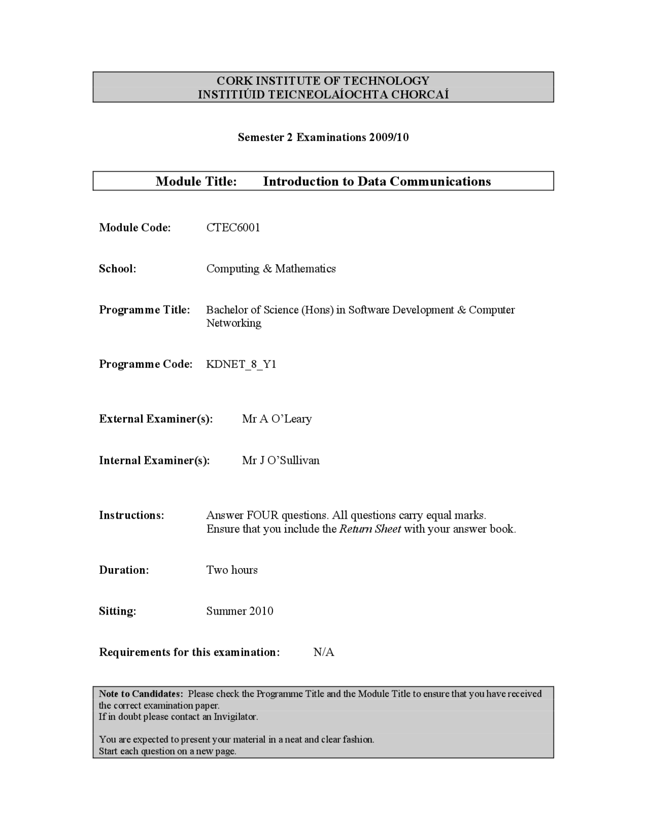 Peak Value - Introduction to Data Communications - Exam Paper - Docsity