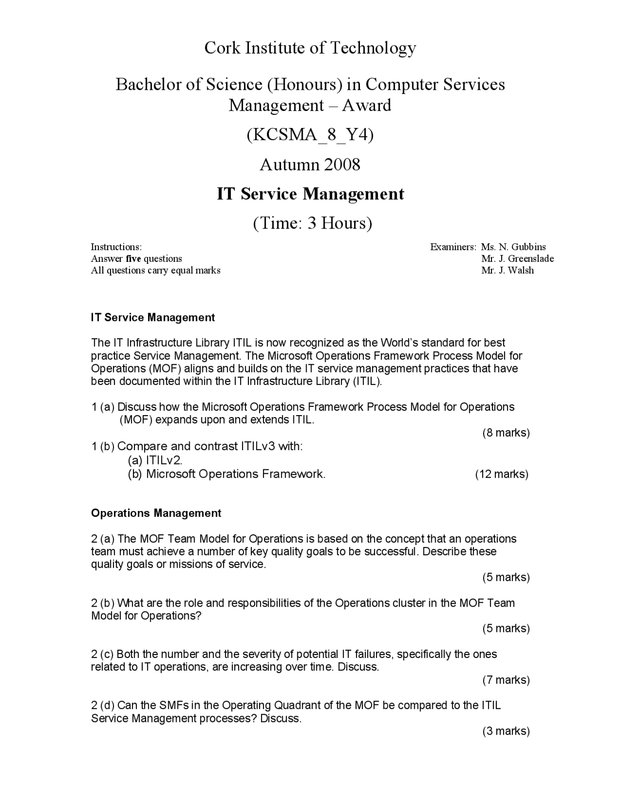 Operations Framework It Service Management Exam Paper Docsity