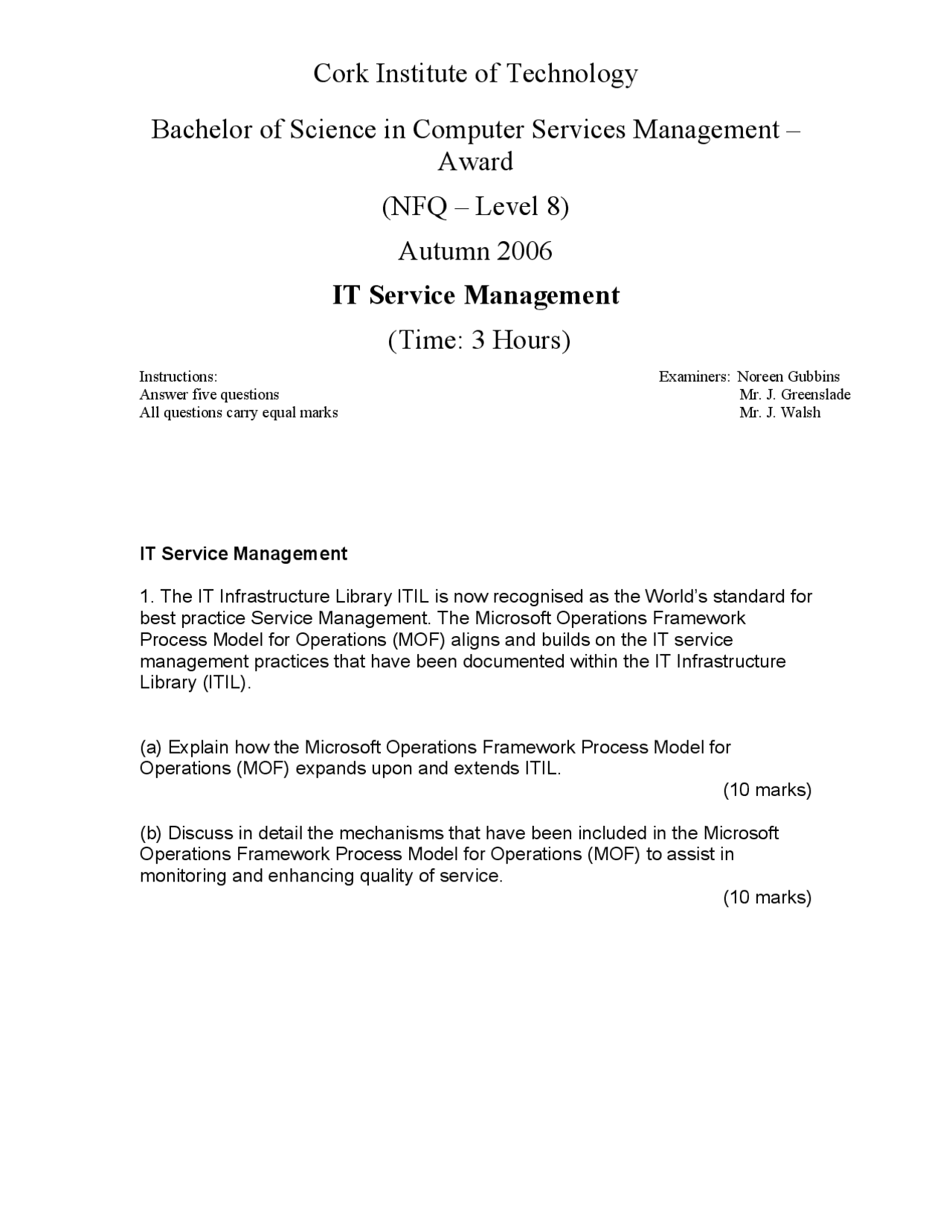 Process Model It Service Management Exam Paper Docsity