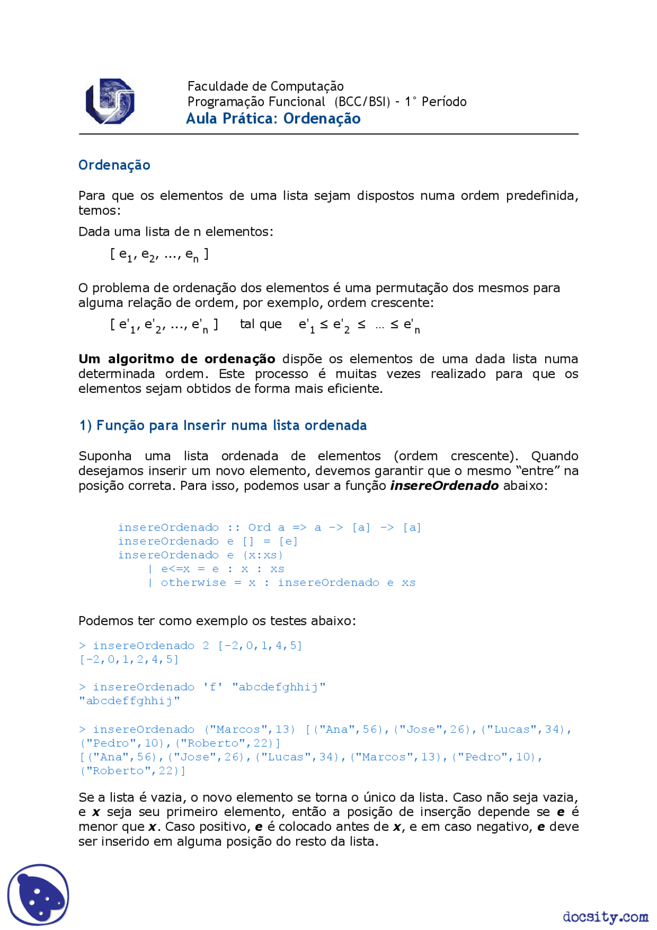 Ordenação Parte 1 Apostilas Ciência Da Computação Docsity
