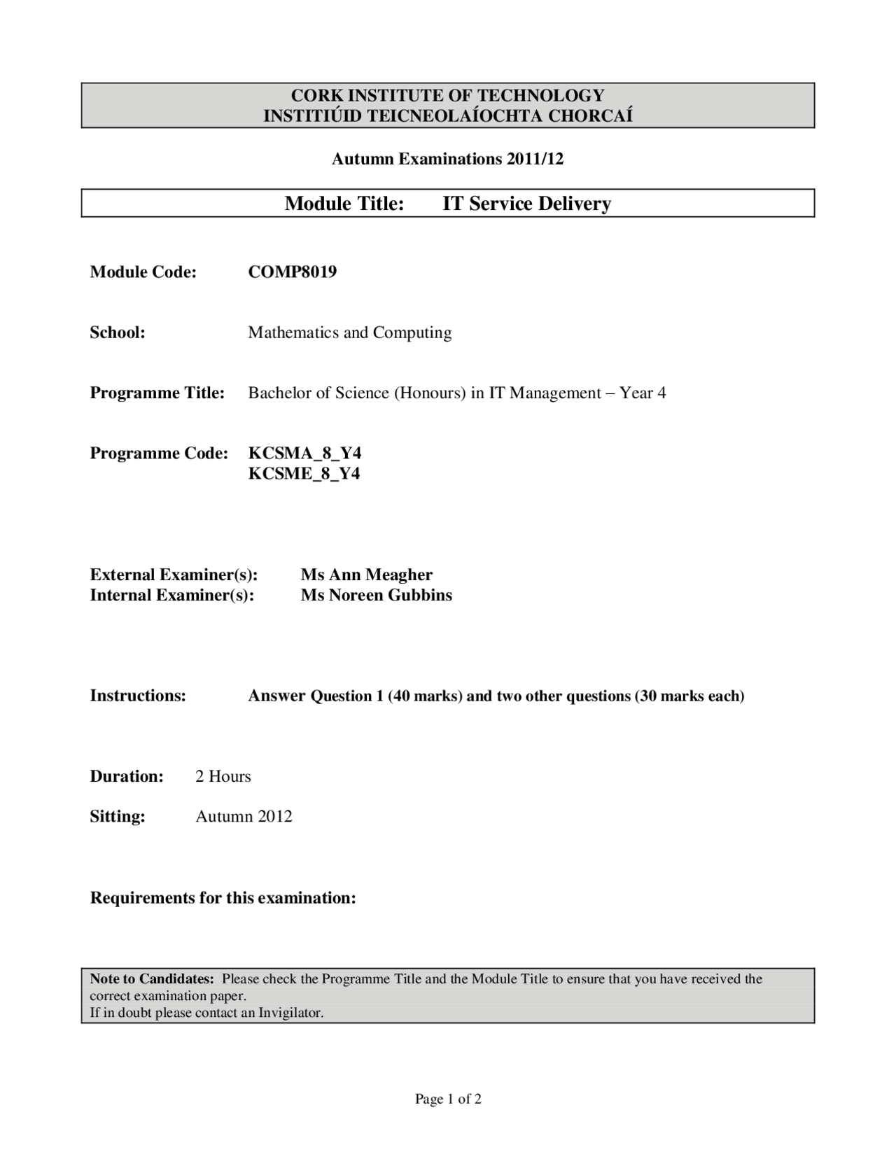 Continuity Management It Service Delivery Exam Paper Docsity