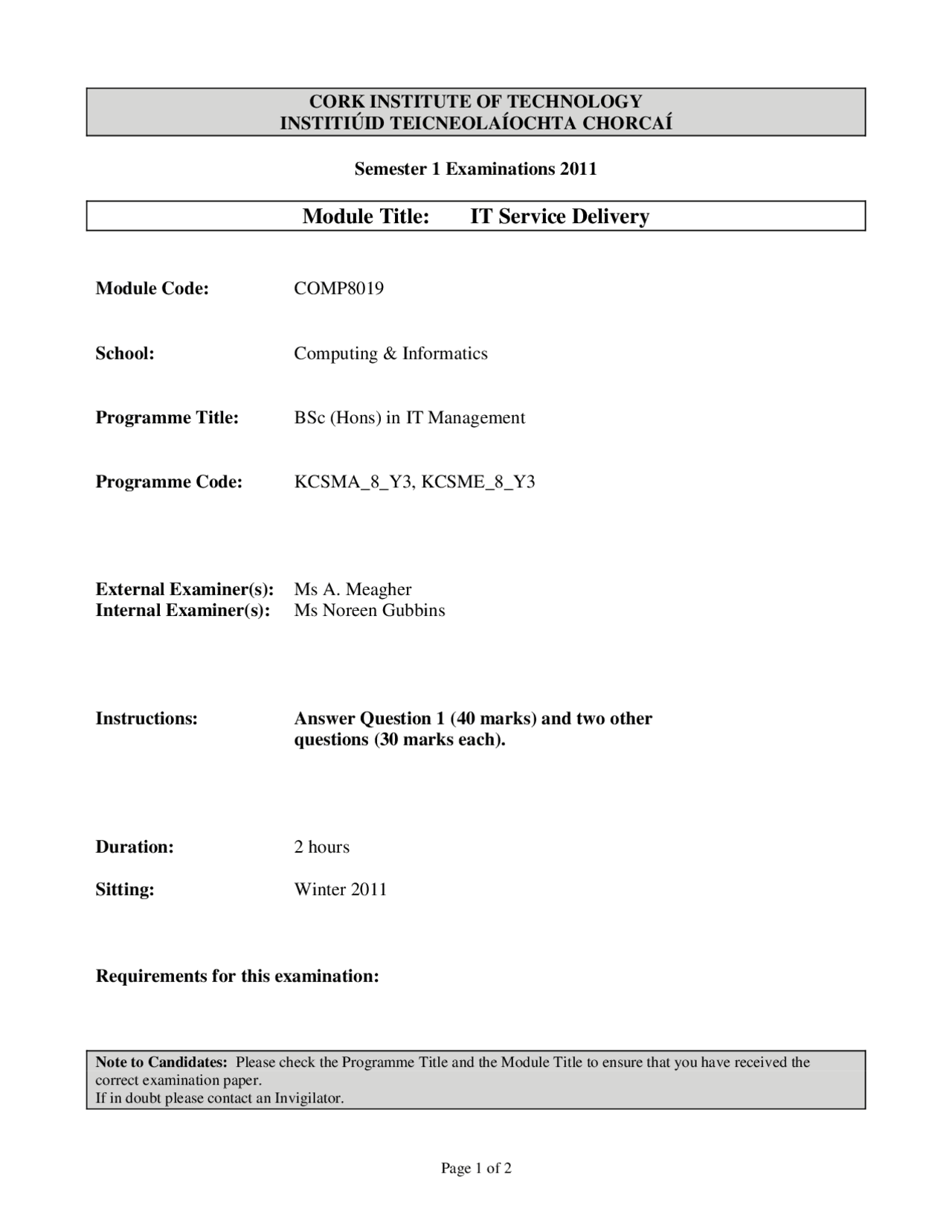 Operating Level - IT Service Delivery - Exam Paper - Docsity