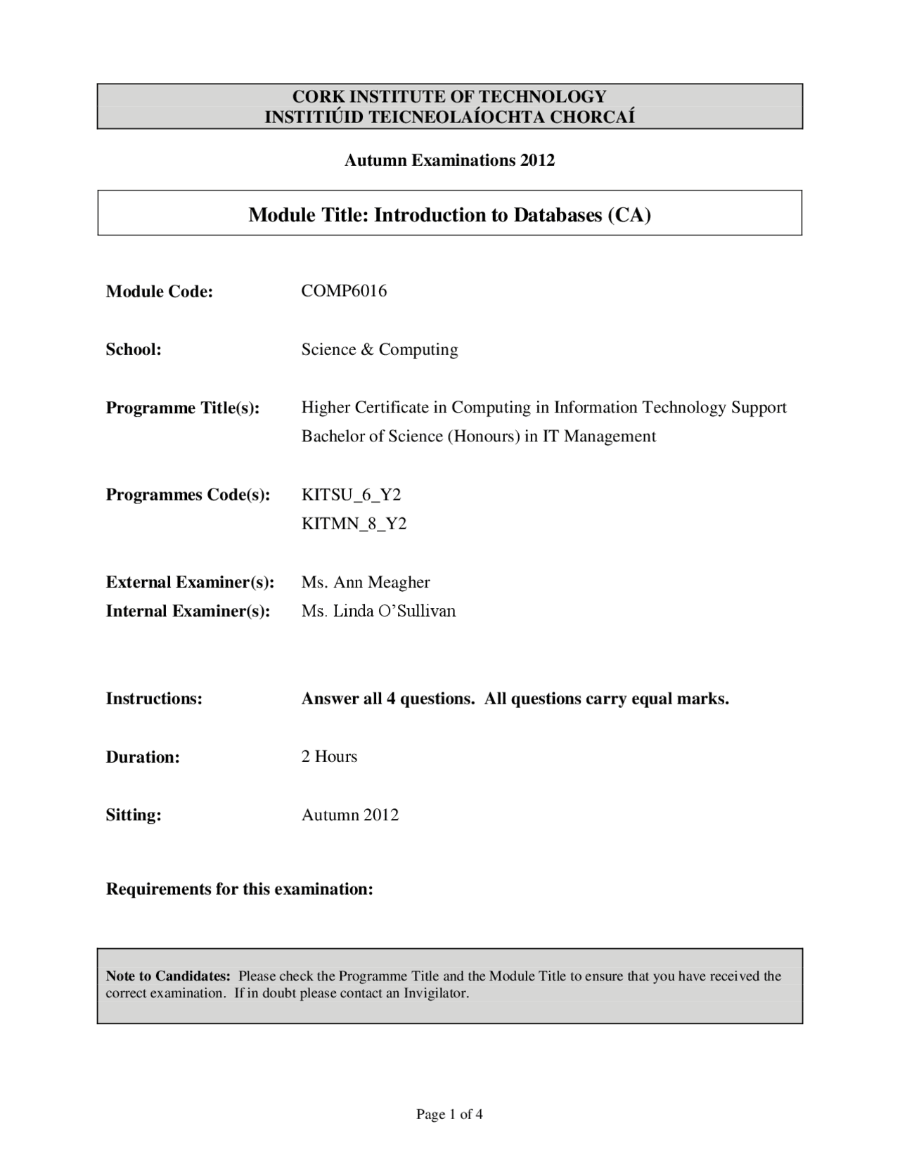 Relational Database Introduction To Databases Exam Paper Docsity