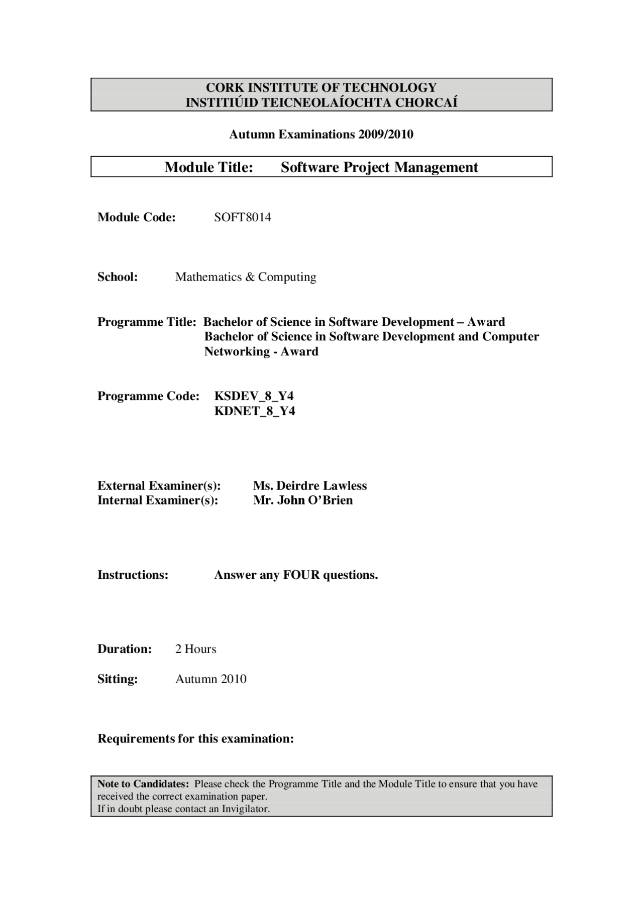 Irrational Schedules - Software Project Management - Exam Paper - Docsity