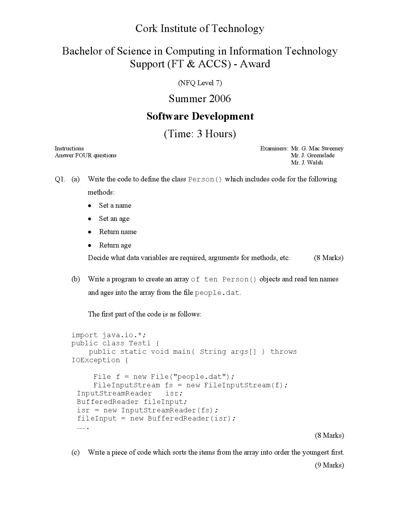 Object Orientated Language Software Development Old Exam Docsity