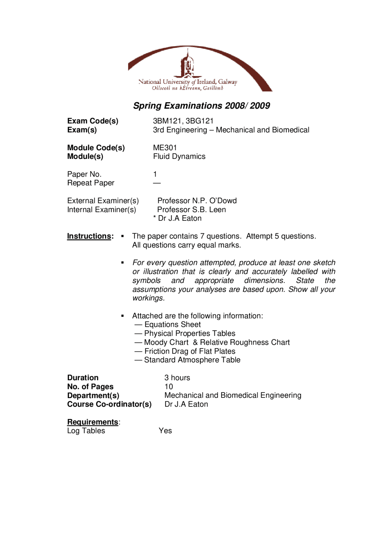 Friction Resistance Fluid Dynamics Old Exam Paper Docsity