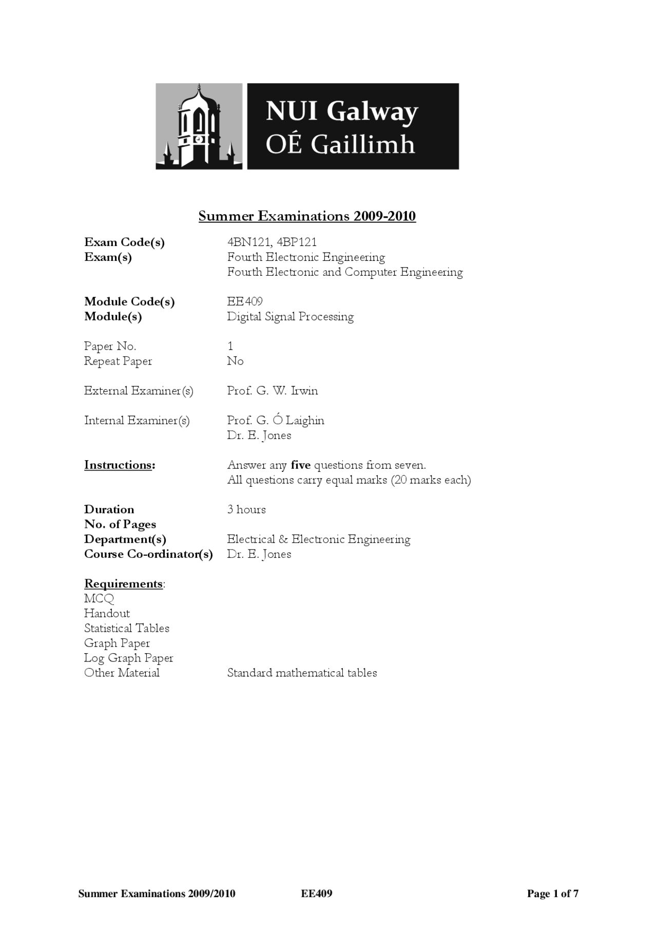 Unit Step Function Digital Signal Processing Past Exam Paper Docsity