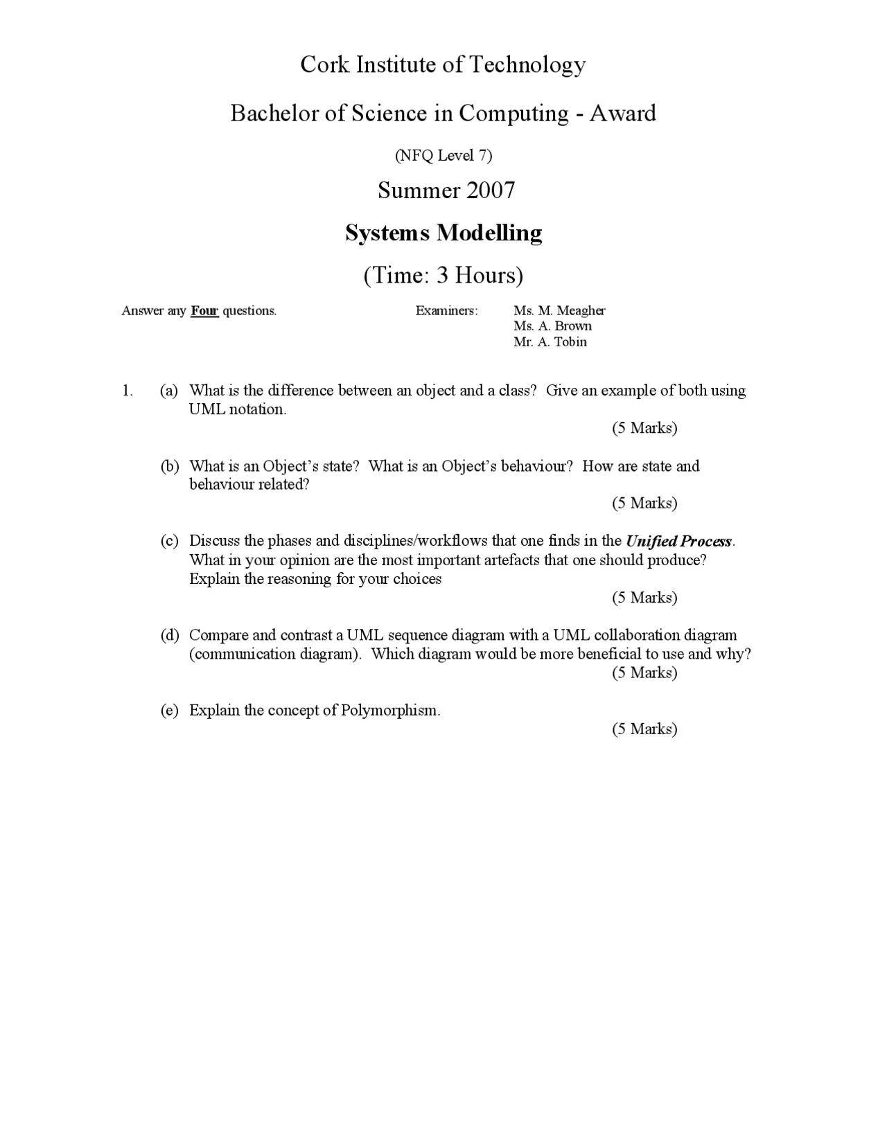 Object’s Behaviour - Systems Modelling - Old Exam - Docsity