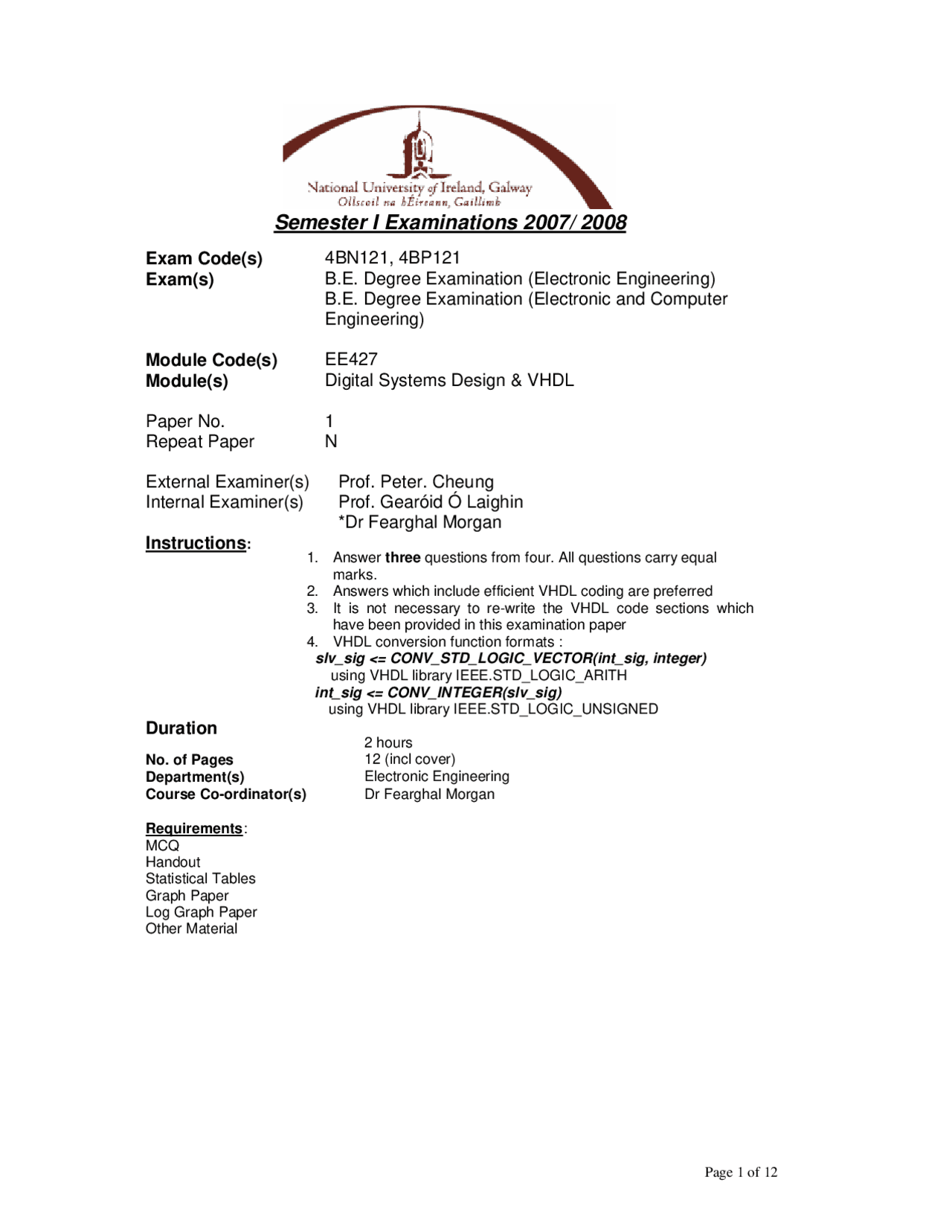 Binary Pattern Digital Systems Design And Vhdl Past Exam Paper