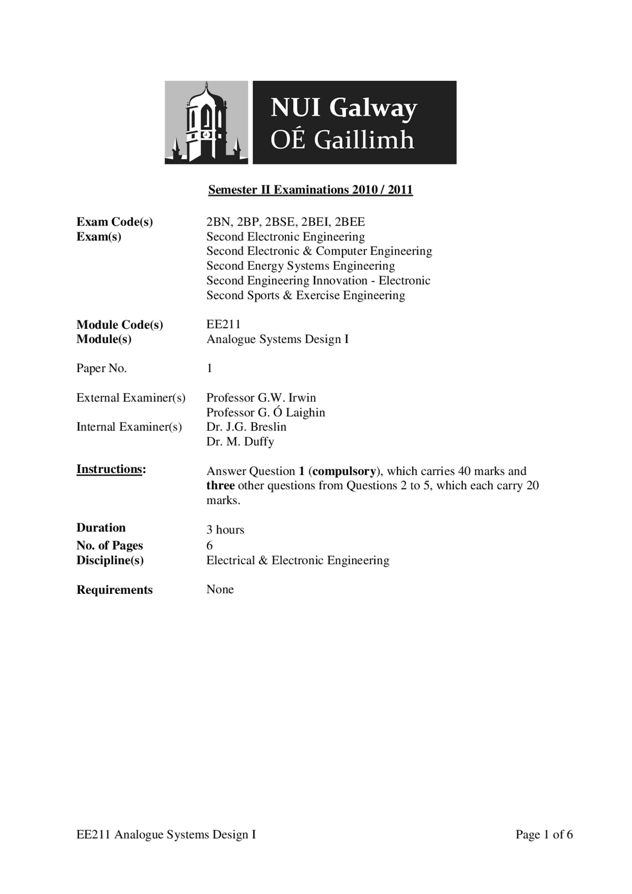 Waveform Produced Analogue Systems Design I Past Exam Paper Docsity