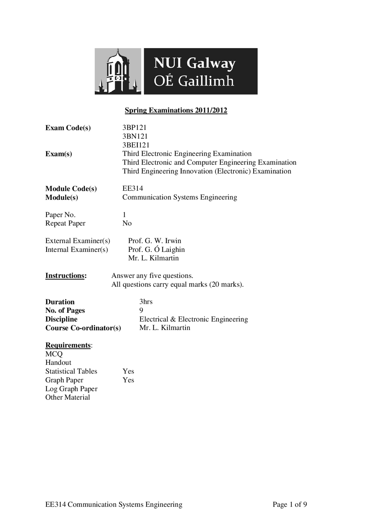 Coding Schemes Communications Systems Engineering Past Exam Paper
