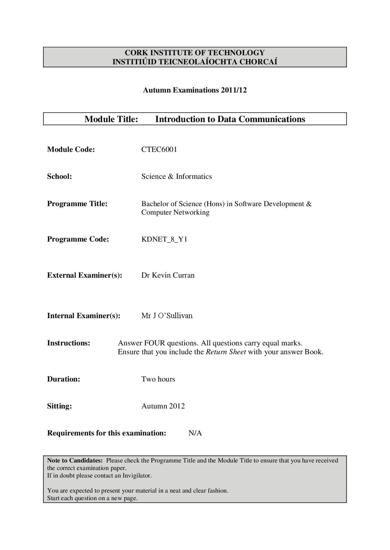 Data Transfer - Introduction to Data Communications - Exam Paper | Exams Computer Science | Docsity