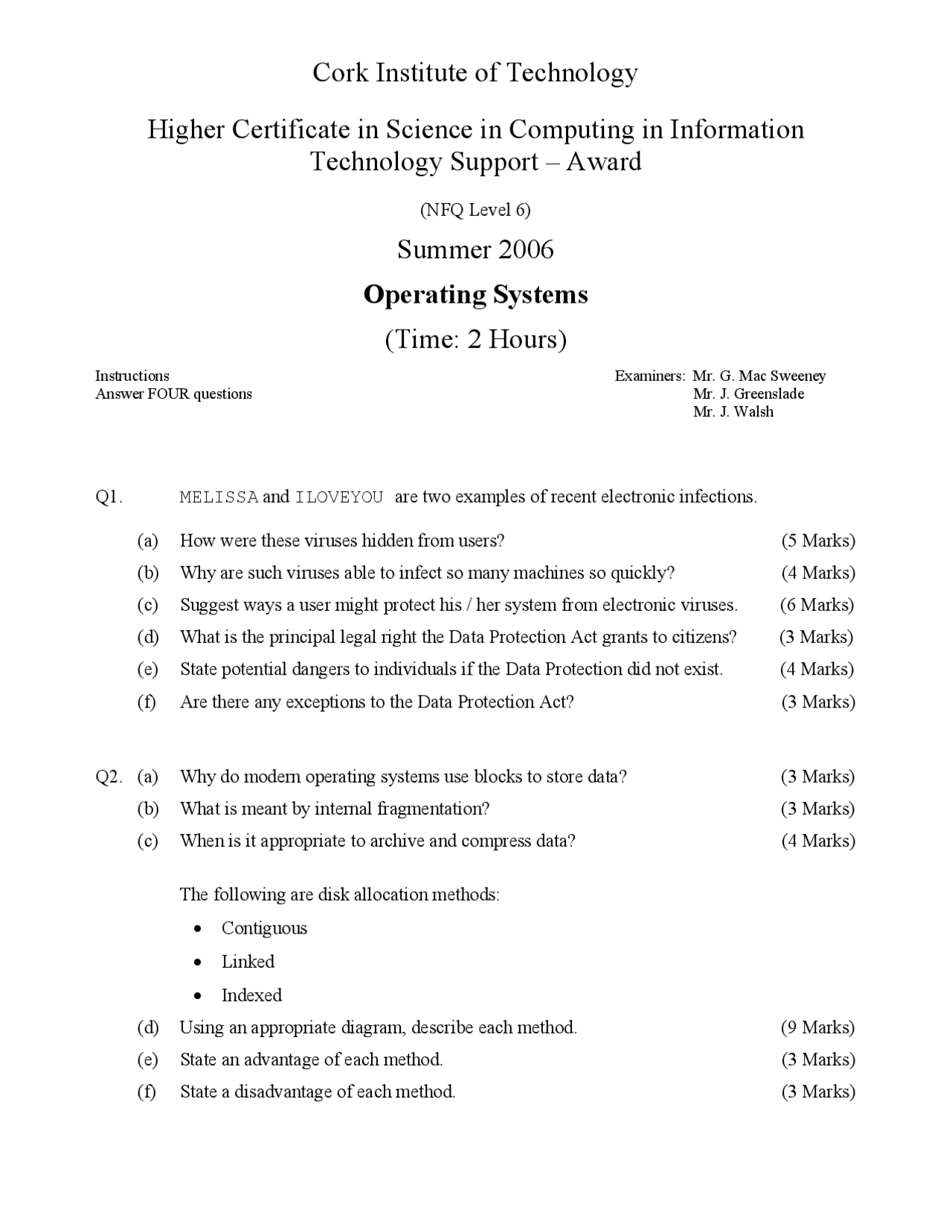 Contiguous Operating Systems Old Exam Docsity
