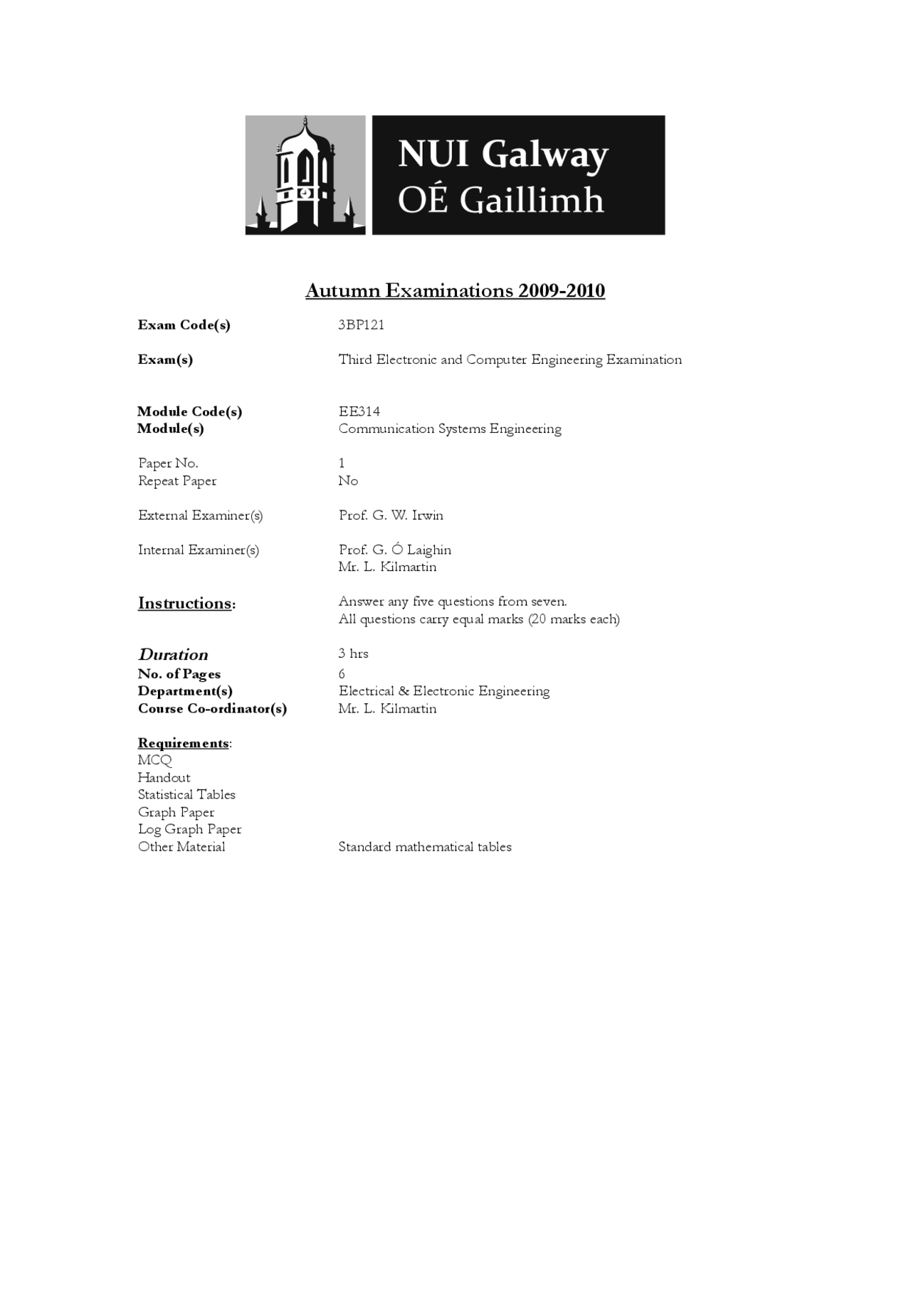 Convolutional Encoder Communications Systems Engineering Past Exam