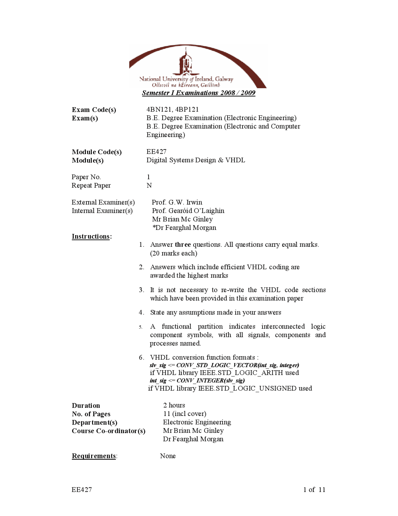 Digital System Digital Systems Design And Vhdl Past Exam Paper