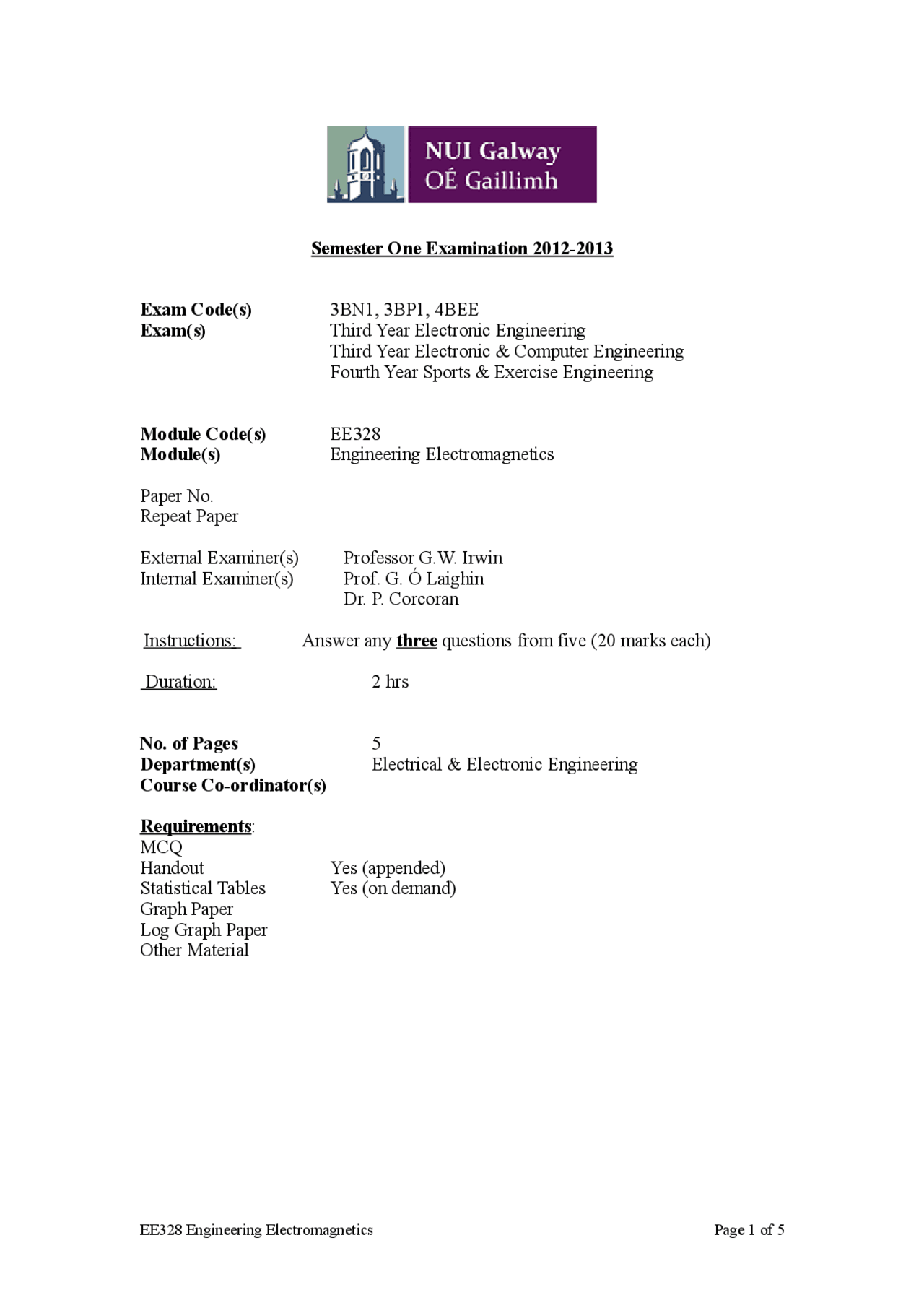 Electric Field - Engineering Electromagnetics - Past Exam Paper - Docsity