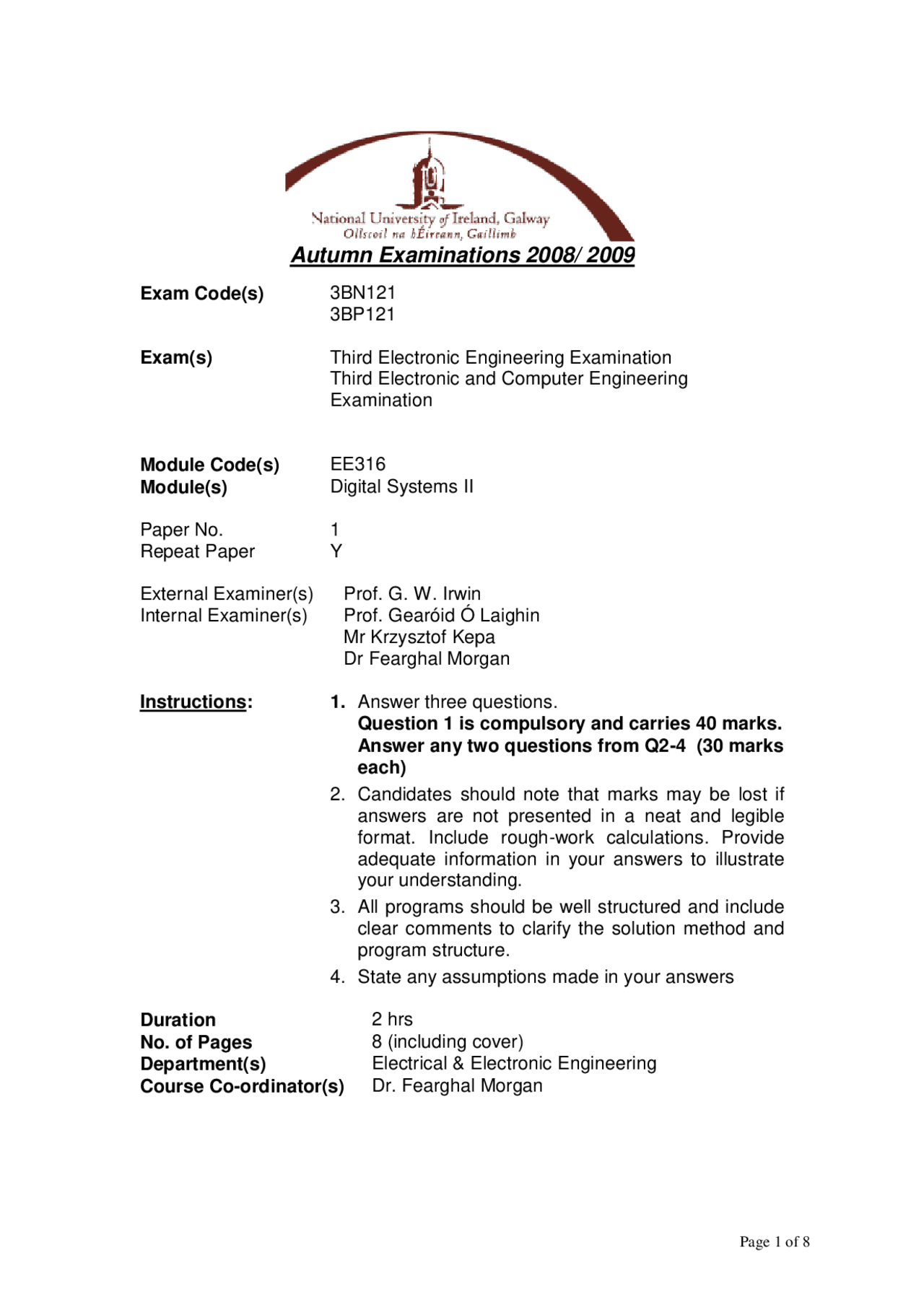 Logic Synthesised - Digital Systems II - Past Exam Paper - Docsity