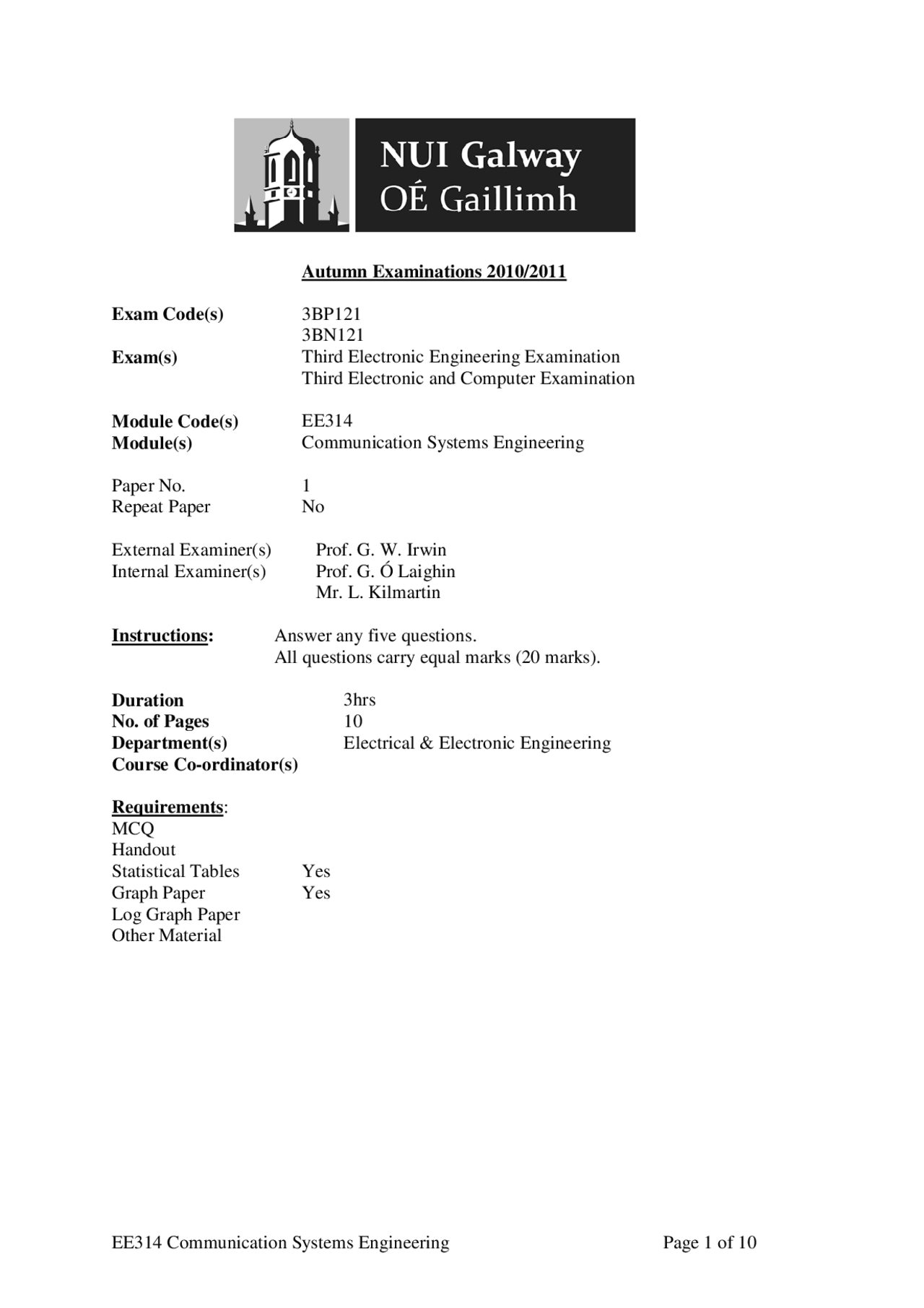 Information Blocks Communications Systems Engineering Past Exam