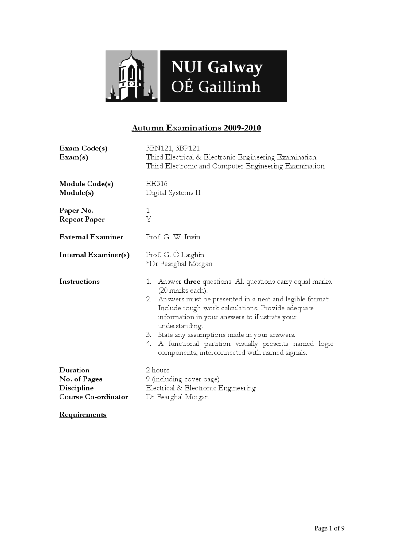 Model Describing - Digital Systems II - Past Exam Paper - Docsity