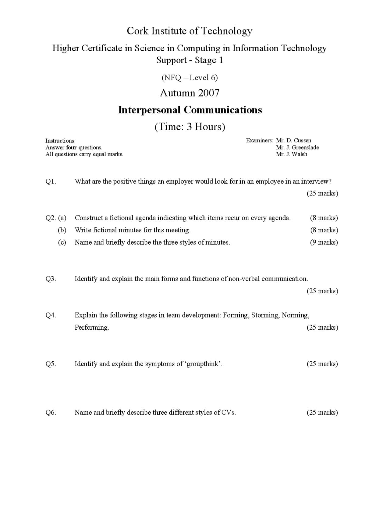 Team Development - Interpersonal Communications - Exam Paper | Exams Computer Science | Docsity