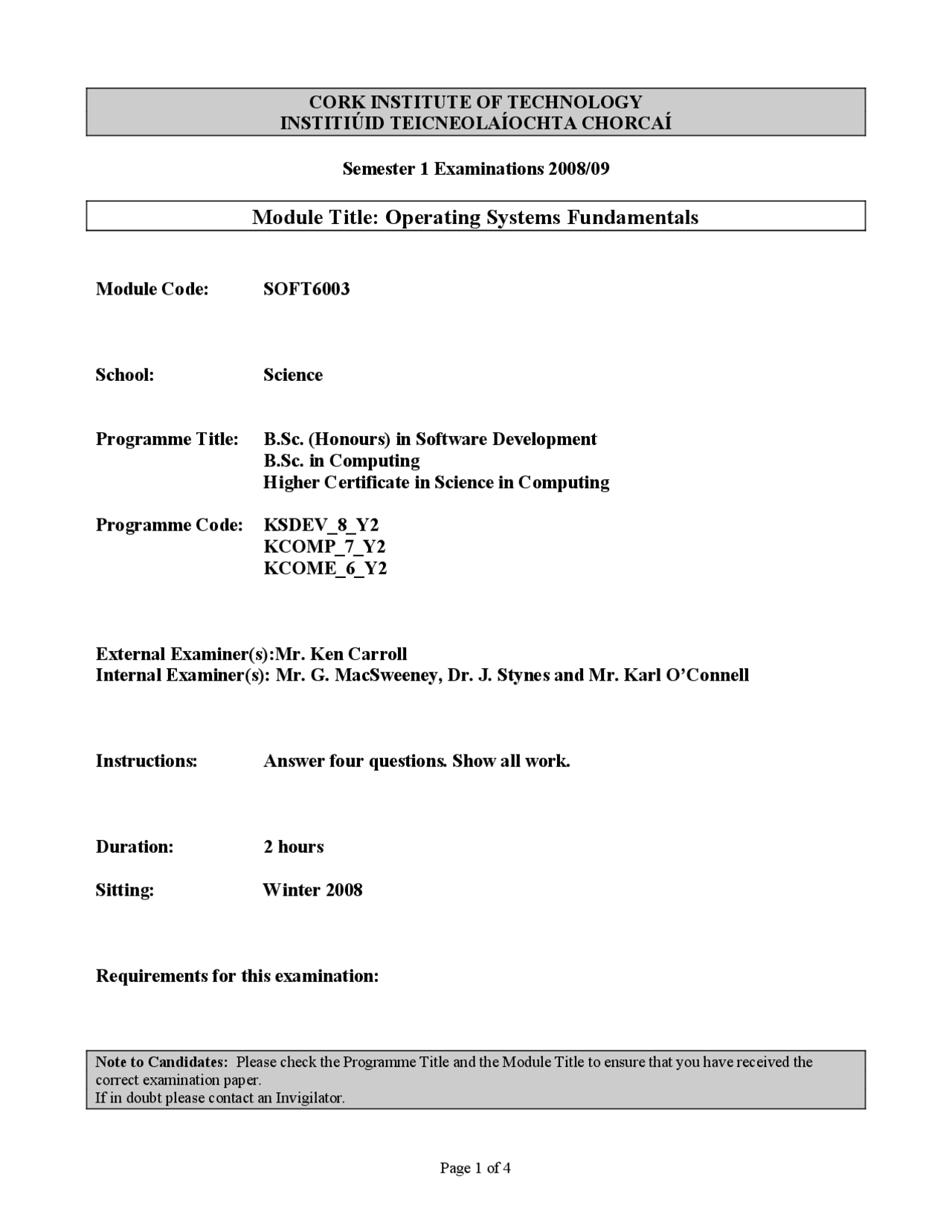 Operating Systems Fundamentals Examination for Winter 2008 | Exams Computer Science | Docsity