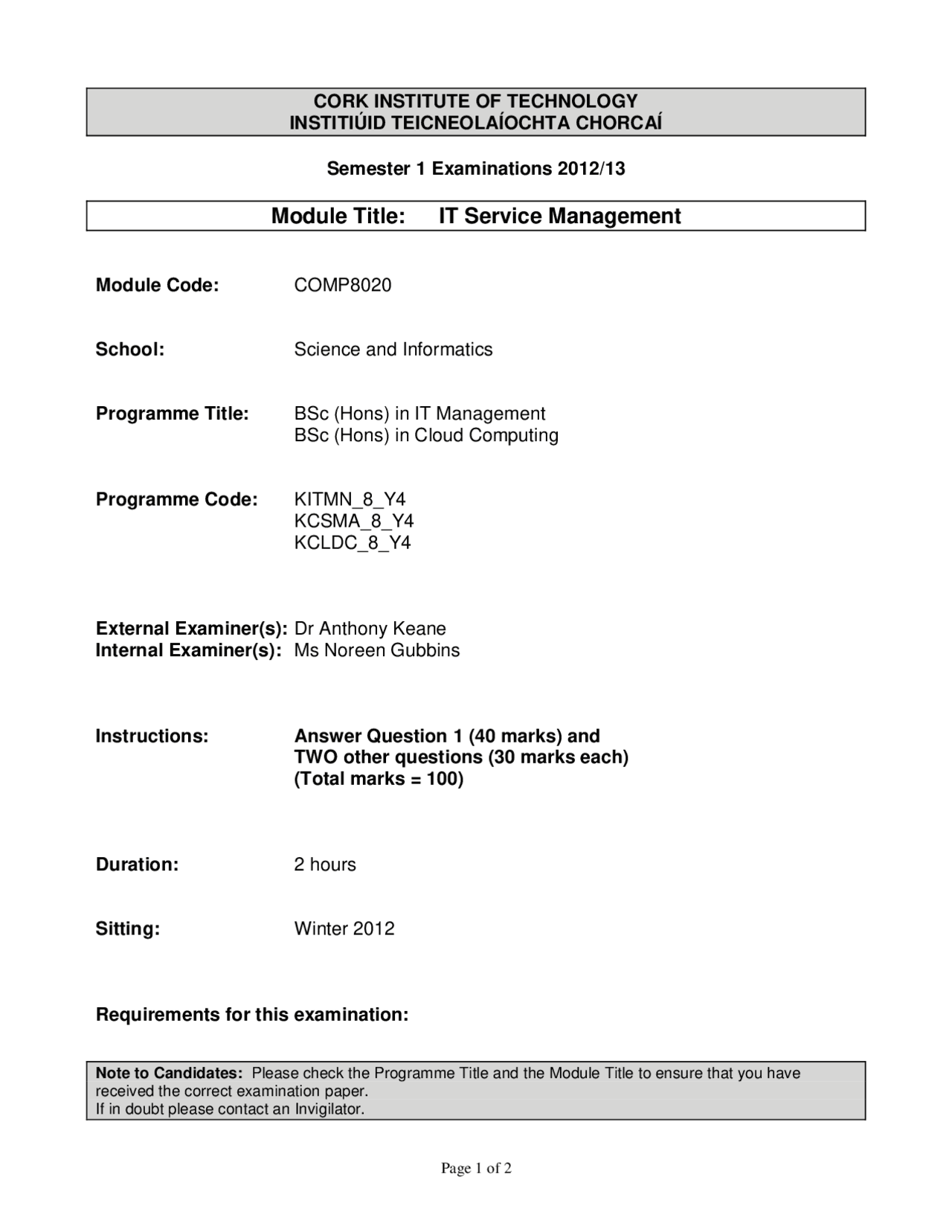 Management System It Service Management Exam Paper Docsity